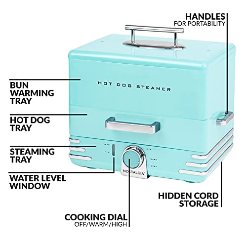Nostalgia Extra Large Diner-Style Steamer, 20 Hot Dogs and 6 Bun Capacity, Perfect for Breakfast Sausages, Brats, Vegetables, Fish, Aqua