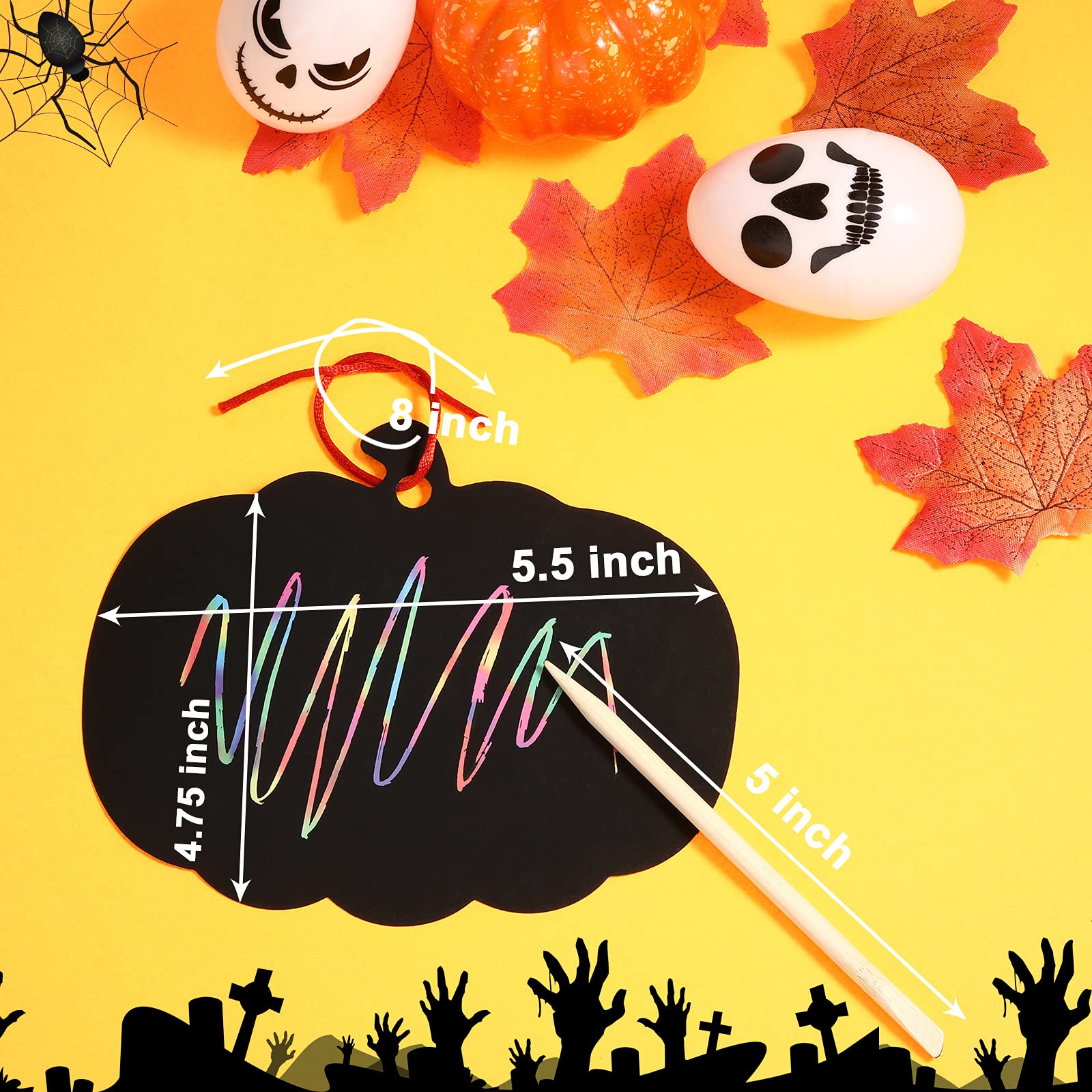 Outus 96 Pieces Halloween Scratch Paper, Halloween Pumpkins Crafts with Rainbow Colors, Halloween Pumpkins Art Paper Crafts Kit, Pumpkin Ornaments