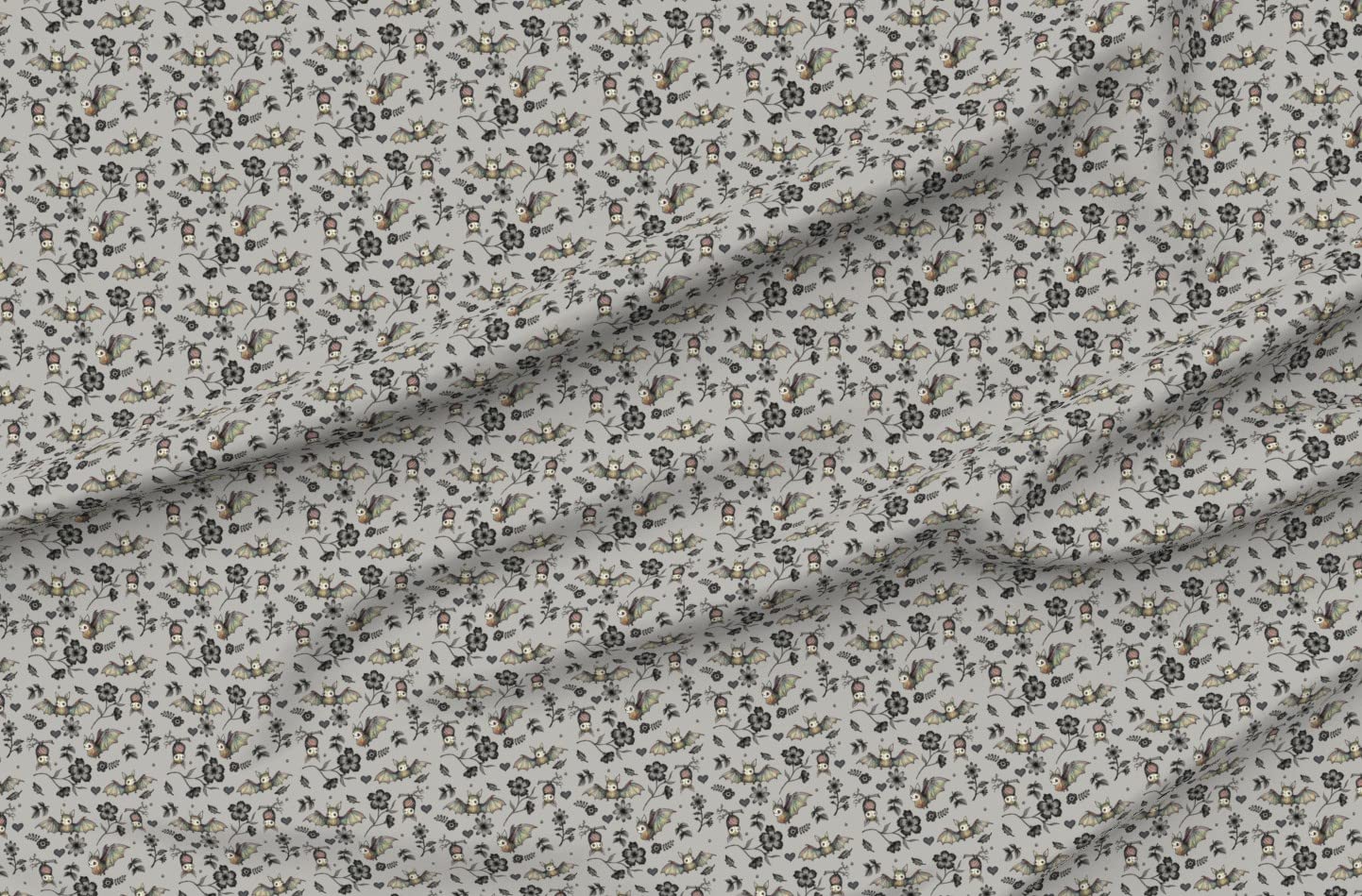 Spoonflower Fabric - Bat Pattern Grey Flowers Wild Hearts Animals Bats Decor Printed on Petal Signature Cotton Fabric Fat Quarter - Sewing Quilting Apparel Crafts Decor