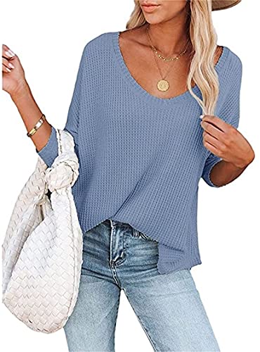 Fronage Womens Waffle Knit Tunic Tops V Neck Long Sleeve Casual Loose Pullover Blouses Shirts (Blue, Medium)