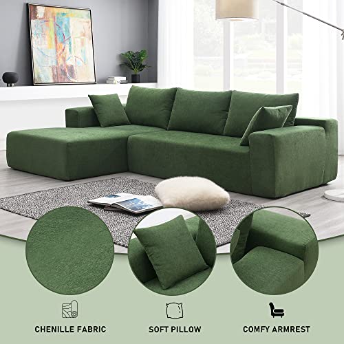DEINPPA Modern Minimalist Style Modular Sofa Couch with Pillows, Deep Sectional Sofa Furniture Set, 4-Seater Chenille L-Shaped Sofa for Living Room Reception Room-Green