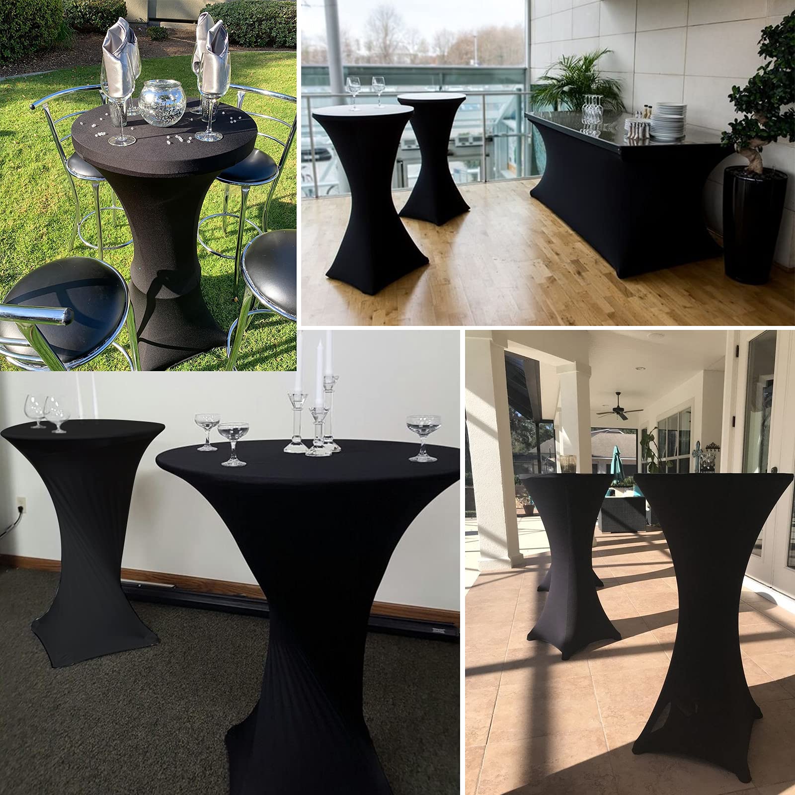 LOKUME 4 Pack Cocktail Spandex Stretch Square Corners Tablecloth 32" x 43" Black Cocktail Table Covers, Fitted High Top Spandex Cocktail Table Tablecloth for Bar Wedding Cocktail Party Banquet