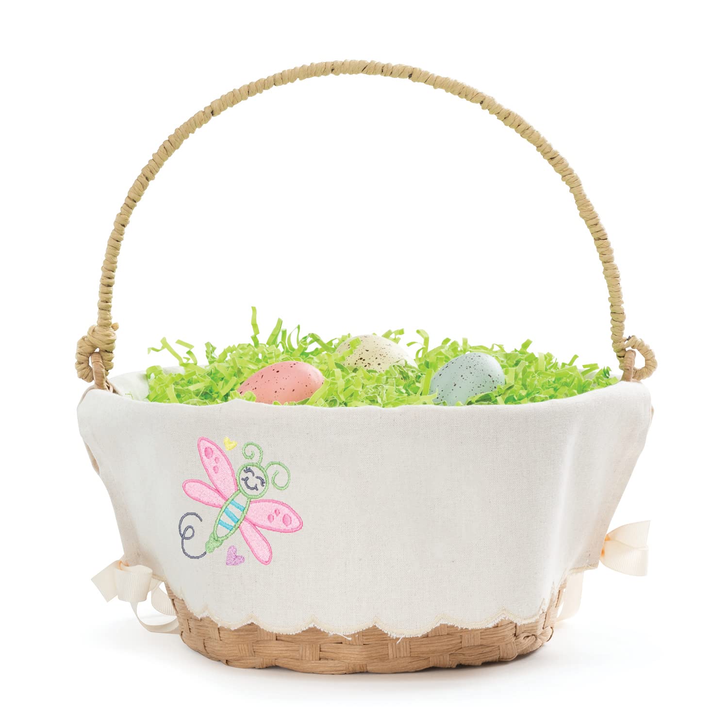 Dragonfly Personalized Easter Egg Basket with Handle and Custom Name | Scallop Edge Linen Easter Basket Liners | Tan Basket | Woven Easter Baskets for Kids | Customized Easter Basket