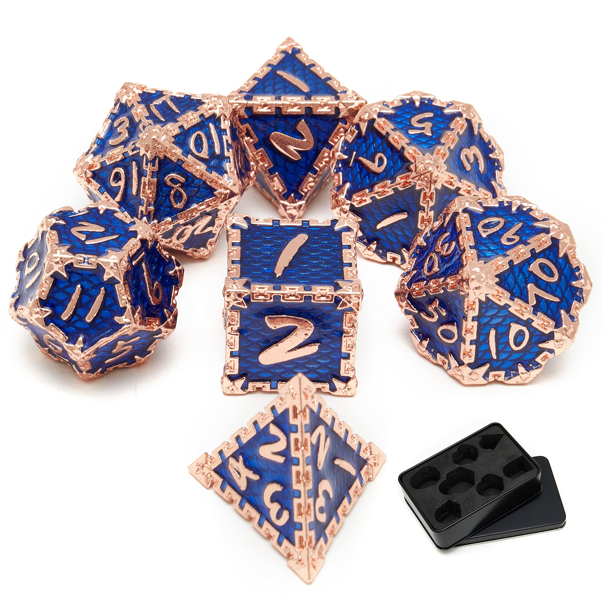 Ouyide Metal dice, DND dice Set, Dragon Skin Scale Iron Chain, Suitable for Role-Playing Dungeons and Dragons dice Set Game(Rose Gold Rim + Blue)