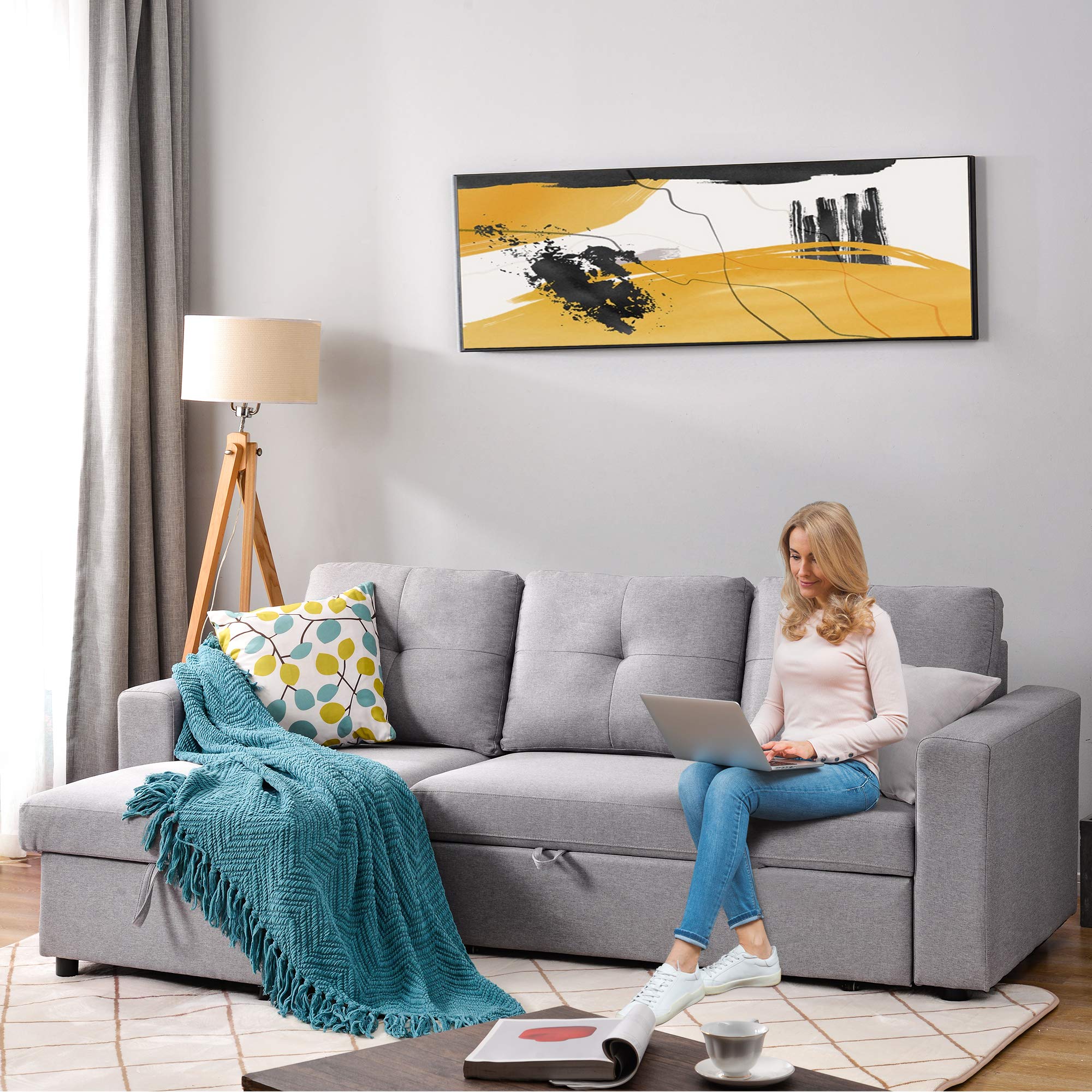 Longrune Reversible Sectional Sofa Bed with Pull Out Sleeper, Corner Storage Chaise Couch for Living Room & Apartment, L-Shaped, 90inch, Gray