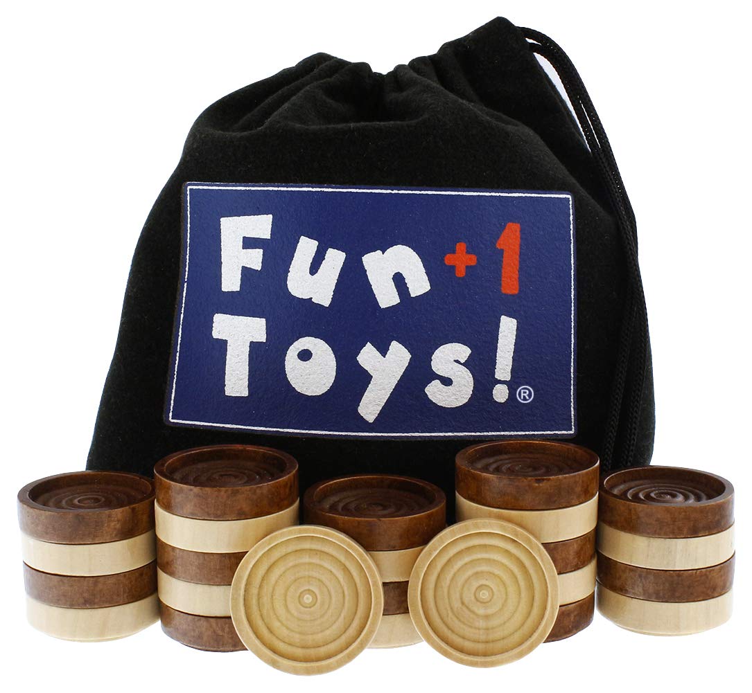 Fun+1 Toys! Classic Wood Checkers Stackable Pieces - Set of 26 Total Checkers Pieces in a Velvet Drawstring Storage Pouch. Each Piece 1.125-Inch Wide and in Brown/Natural Colors.