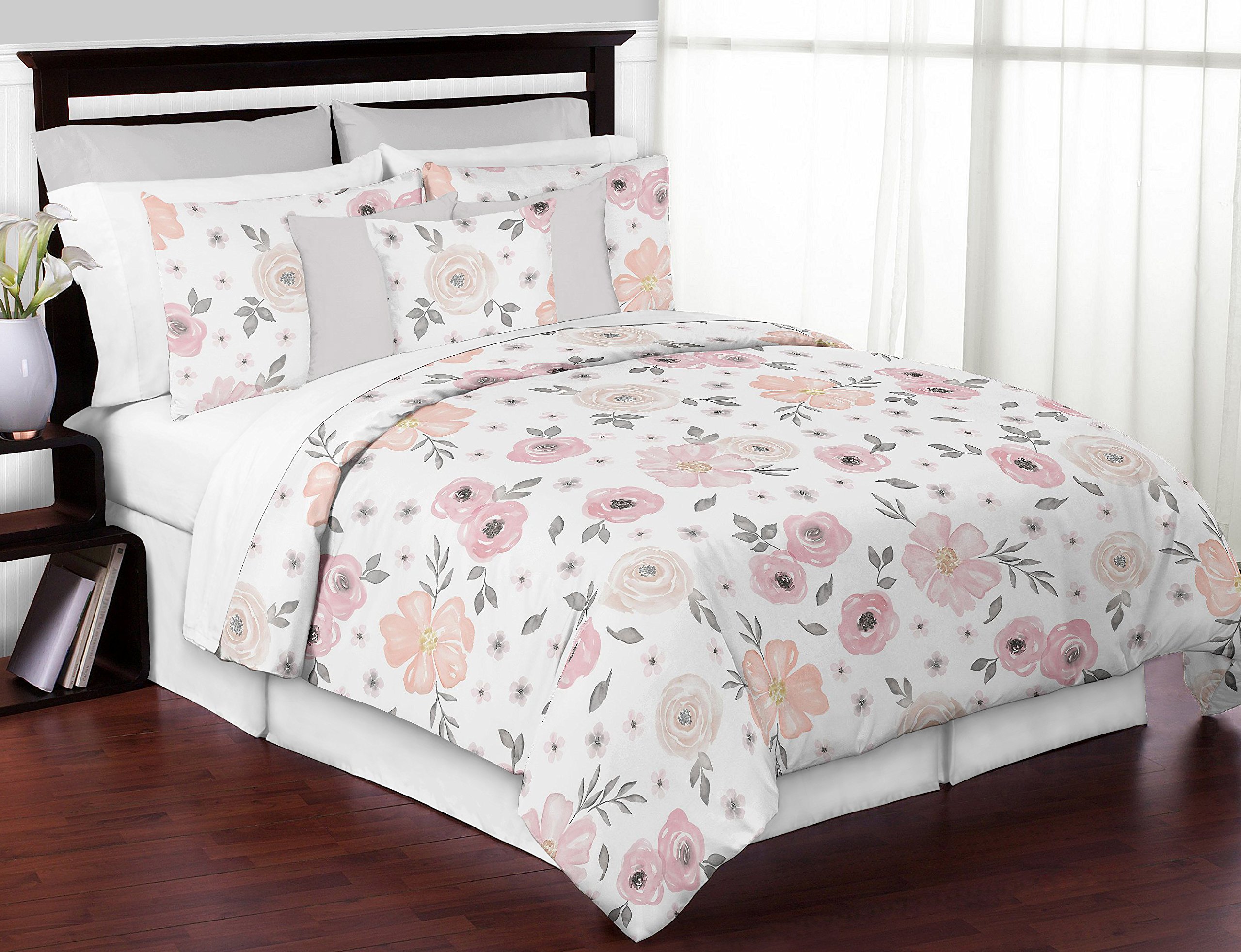 Sweet Jojo Designs Blush Pink, Grey and White Standard Pillow Sham for Watercolor Floral Collection