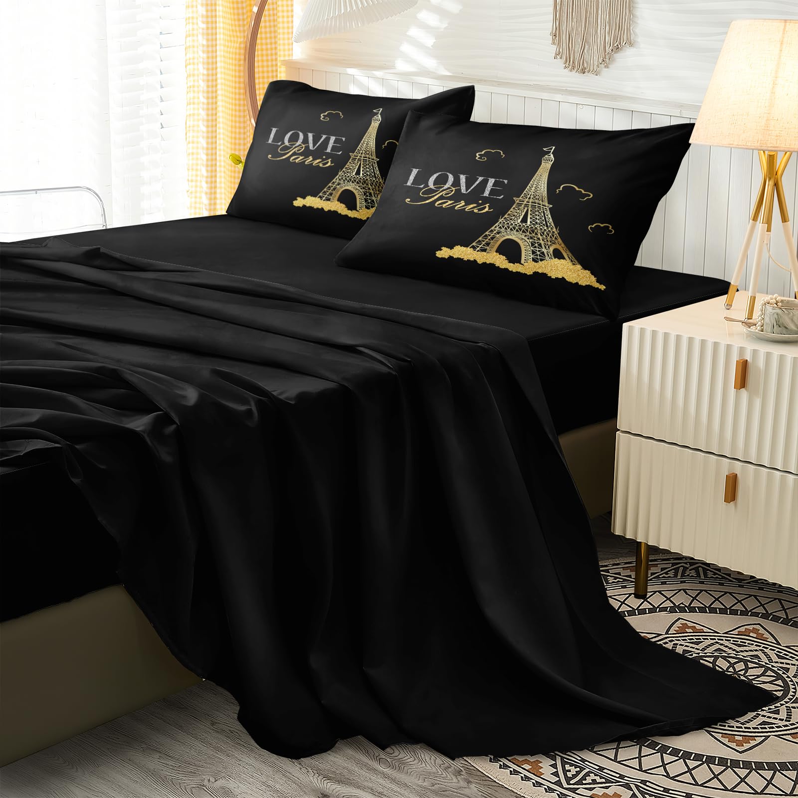 Black and Gold Comforter Set Queen Black Bed in a Bag 8 Pieces Boho Hippie Bedding with 1 Comforter, 1 Flat Sheet, 1 Fitted Sheet, 4 Pillowcases, 1 Cushion Cover (Queen, Marble)