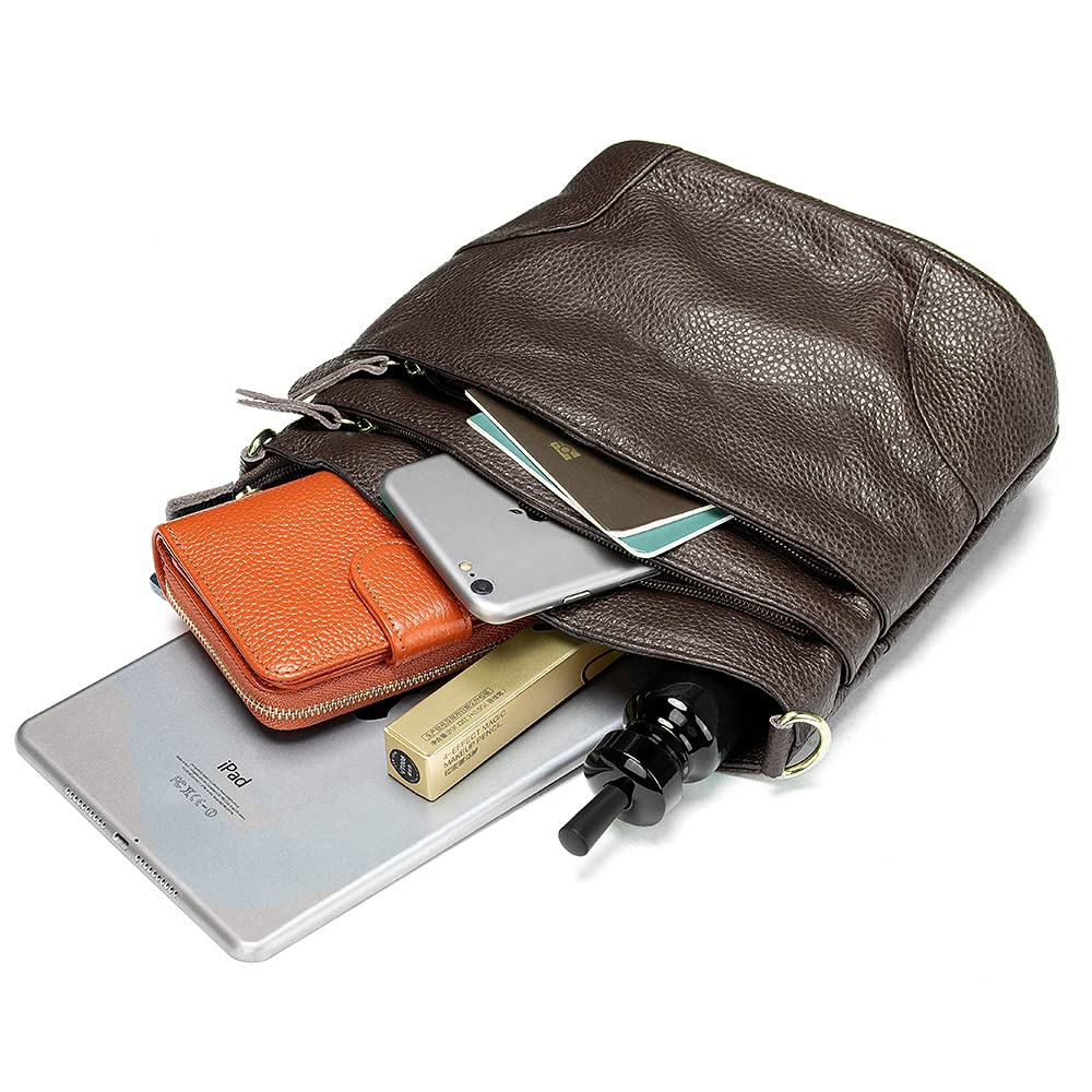Lecxci Genuine Leather Cross Body Purses Zipper Wallets Shoulder Bags for Womens (S, Coffee)