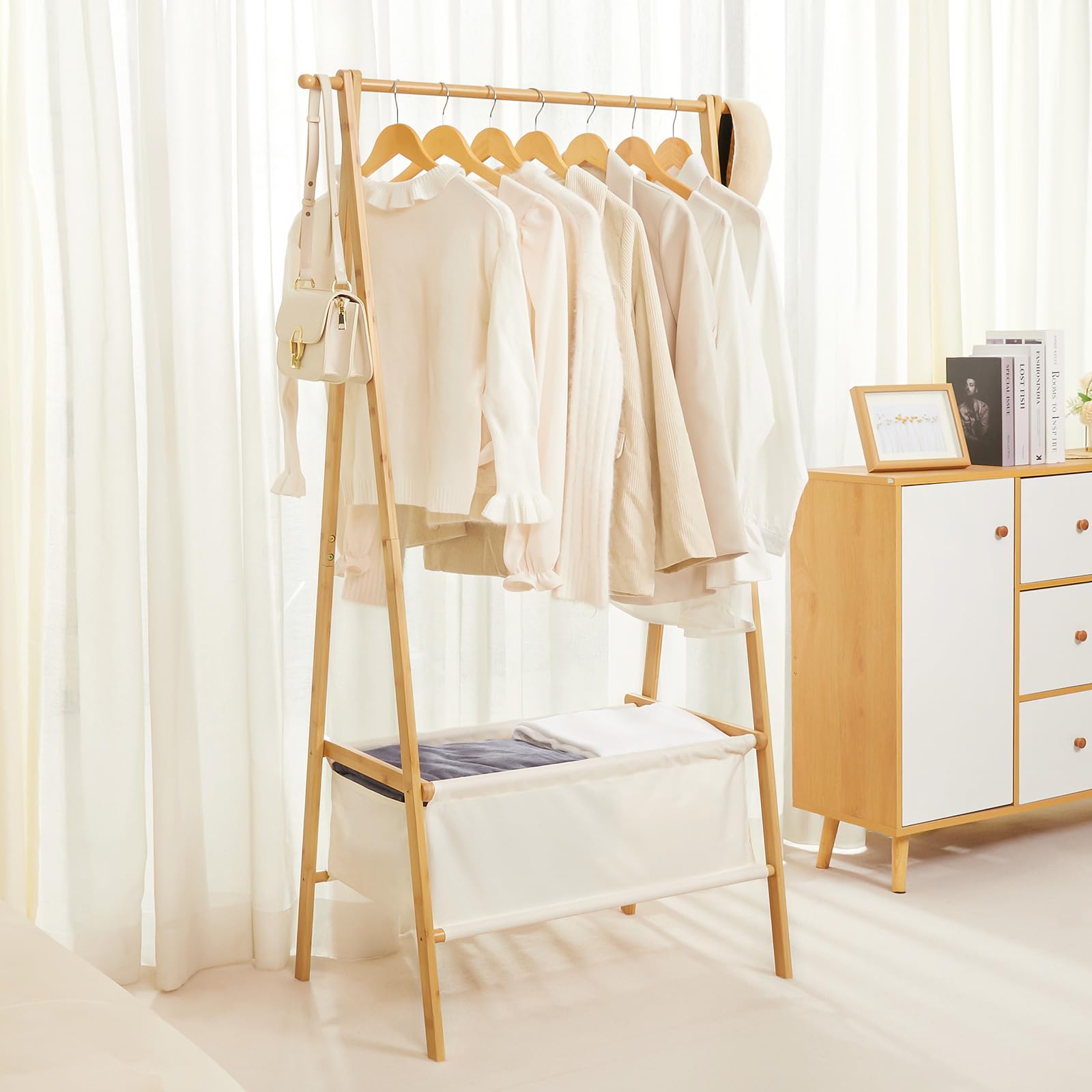 Cozivolife Bamboo Clothes Rack with Storage Box, Garment Rack Clothing Racks for Hanging Clothes, Foldable Wardrobe Storage Rack for Entryway and Bed Room (Natural)
