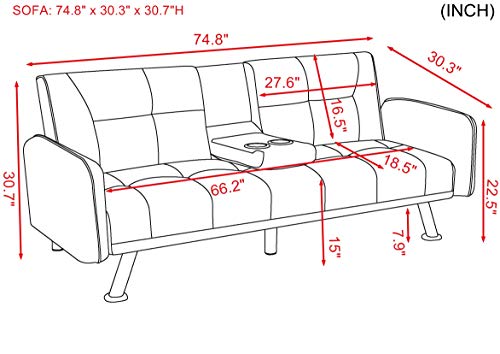 FULife Futon Sofa Convertible Sleeper Couch Bed Daybed Loveseat, Folding Recliner with 2 Cup Holders, Metal Legs, Removable Soft Pillow-Top Armrest for Living Room Small Place, Light Gray 66.1