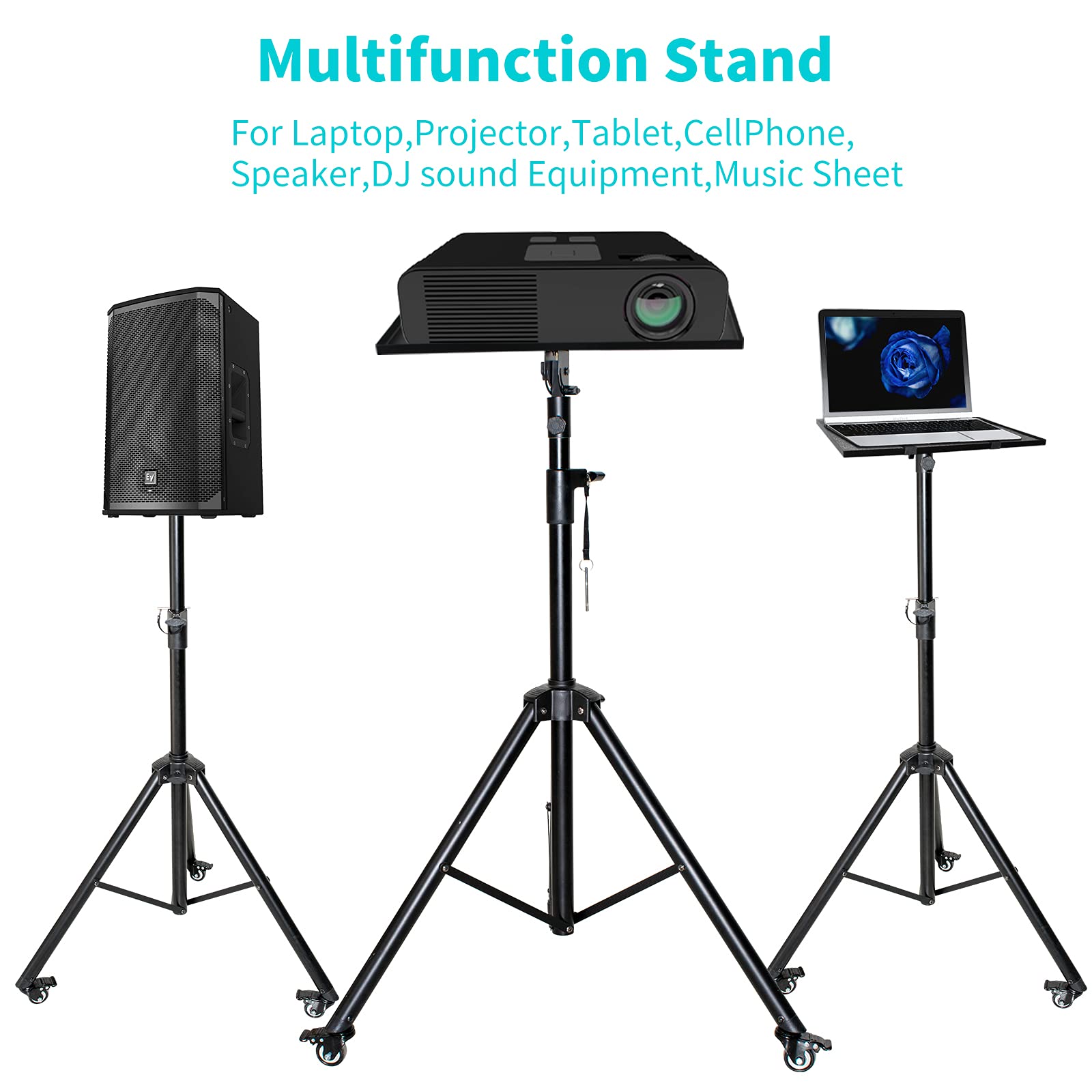 Projector Stand, Sturdy Durable Metal Laptop Tripod Stand with Wheels, Folding Floor Tripod Stand with Tray, Adjustable Height Portable DJ Equipment Stand for Indoors and Outdoors (43 Inch - 73 Inch)