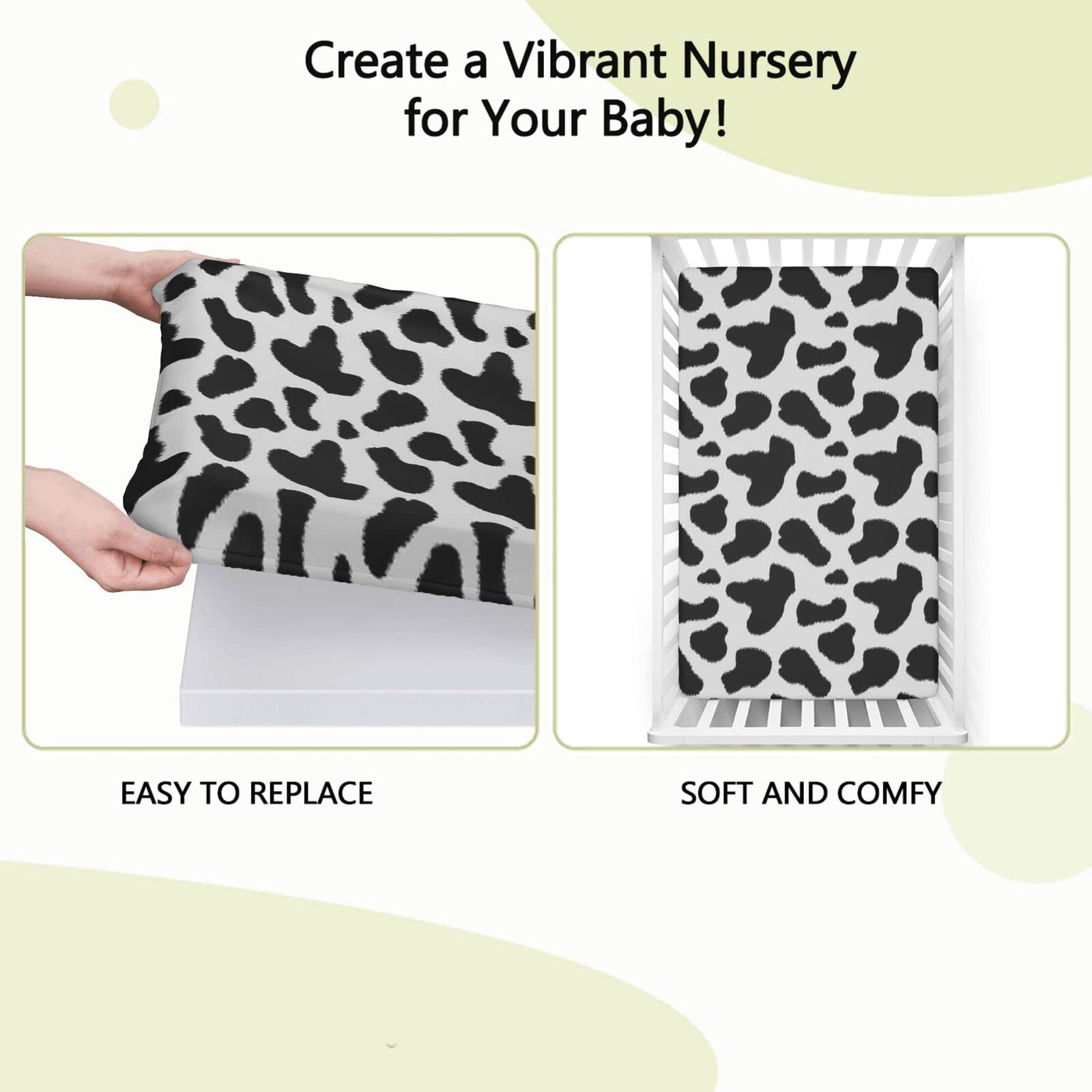 Cow Print Themed Fitted Mini Crib Sheets,Portable Mini Crib Sheets Soft & Stretchy Fitted Crib Sheet -Great for Boy or Girl Room or Nursery,38β x24β,Charcoal Grey White