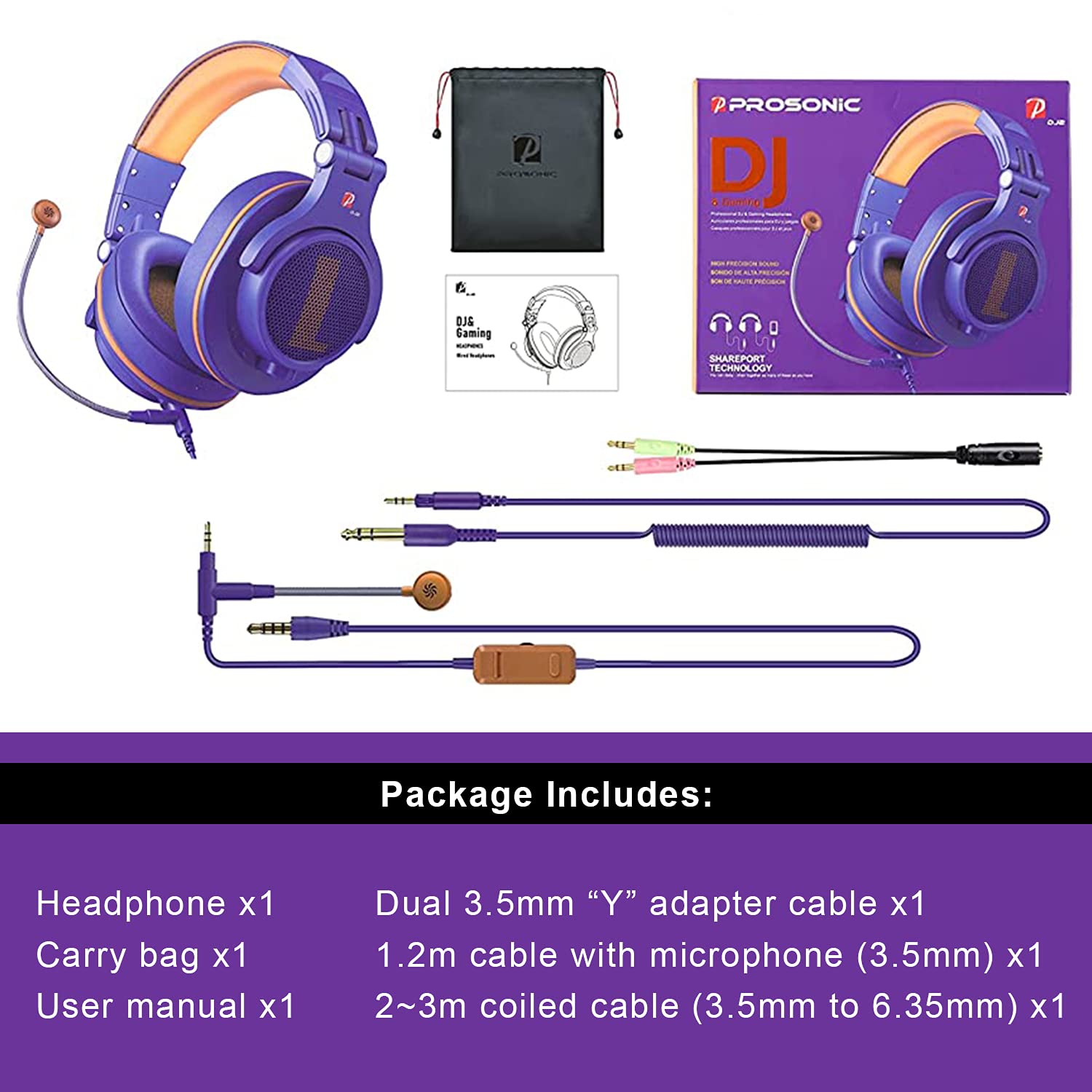 Prosonic DJ2KG Headsets with Boom Mic, Wired Over Ear Headphones for Business Meeting, Skype Zoom, PC Gaming,PS4, Xbox One, Discord, Podcast, Headset with SharePort & Volume Control (Black)