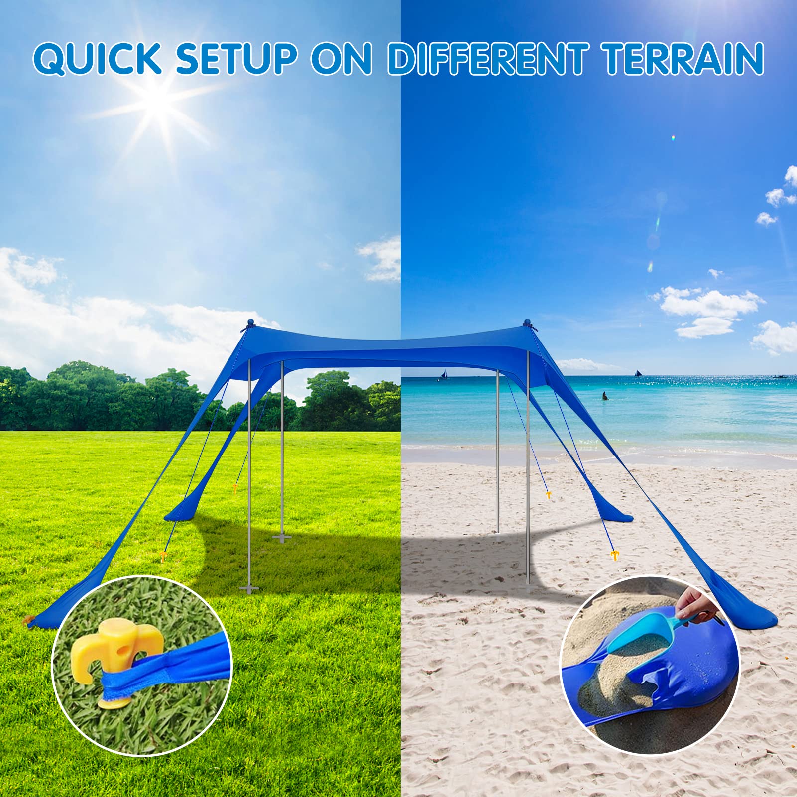 Beach Canopy Tent Sun Shade, 10x10 FT Beach Shade Canopy UPF 50+ Beach Tent Sun Shelter Upgraded Stability in Wind with 4 Sand Anchors 4 Windproof Ropes 8 Ground Stakes for Beach Trips Camping Picnic