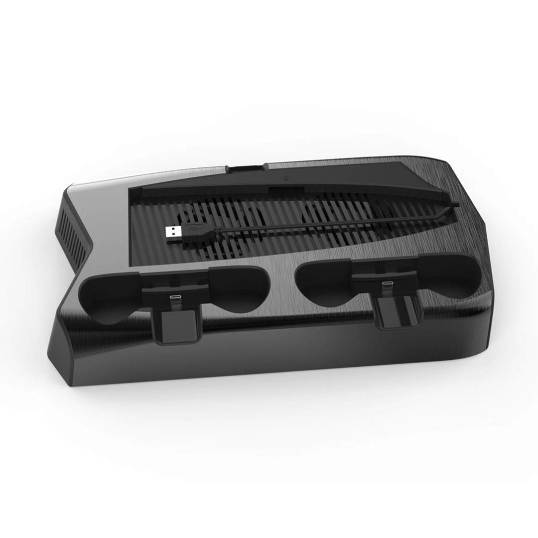 PS 5 Vertical Stand with Cooling Fan for Digital and Disk Edition, Charging Station Dock with Dual Controller Fast Charger Ports and Retractable Game Storage for PS 5 and Controllers