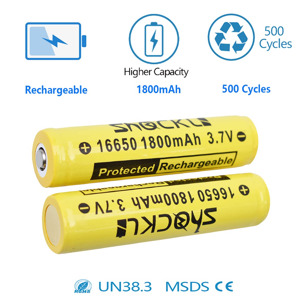 funkawa (2- Pack) Shockli 16650 1800mAh Rechargeable 3.7V Batteries[ Replacement for 2 x CR123 ] - Protected Battery