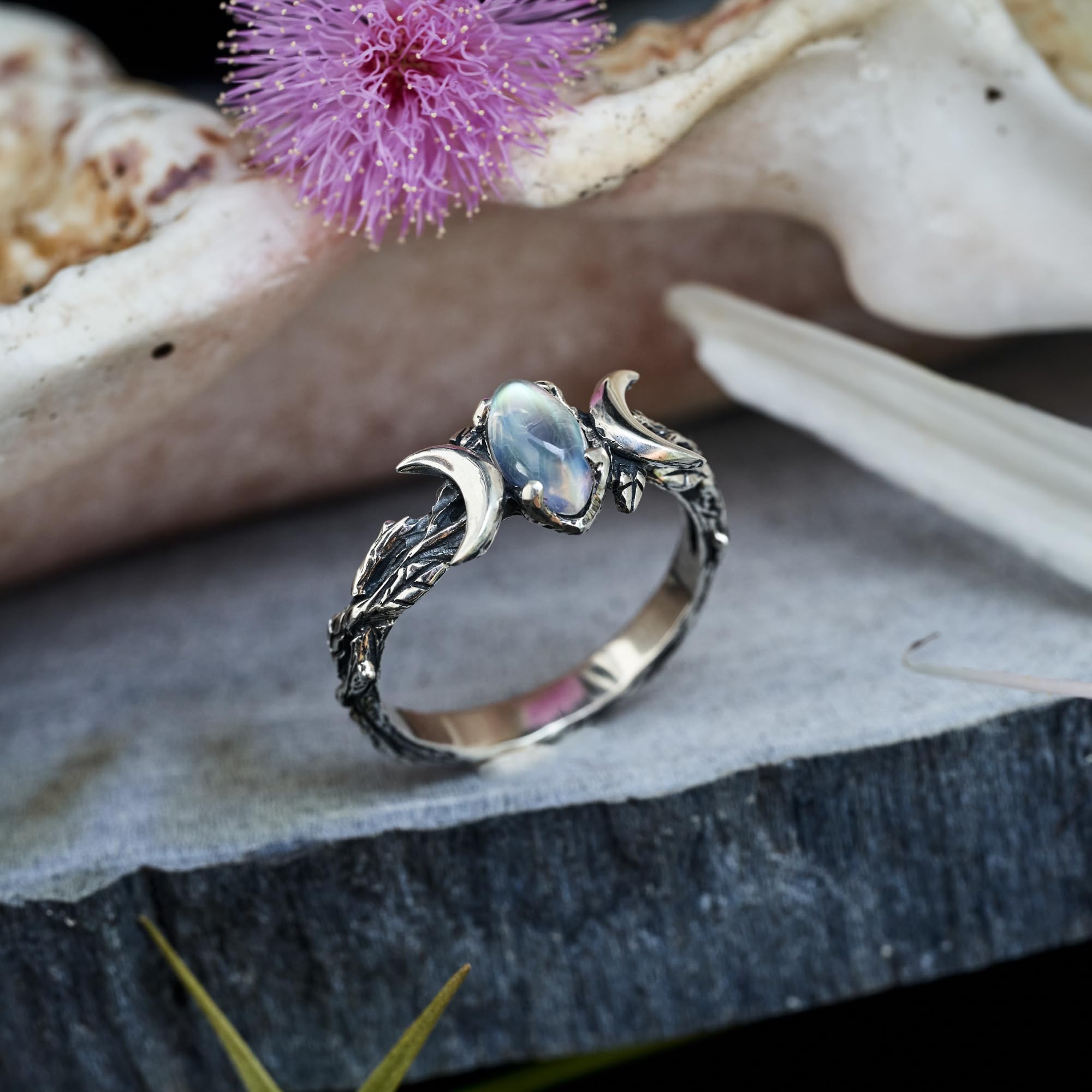 BlackTree 925 Sterling Silver Moonstone Ring Soma β Marquise Shape Rainbow Moonstone Handmade Rings, Celestial Jewelry Engagement Rings for Women (10 US)
