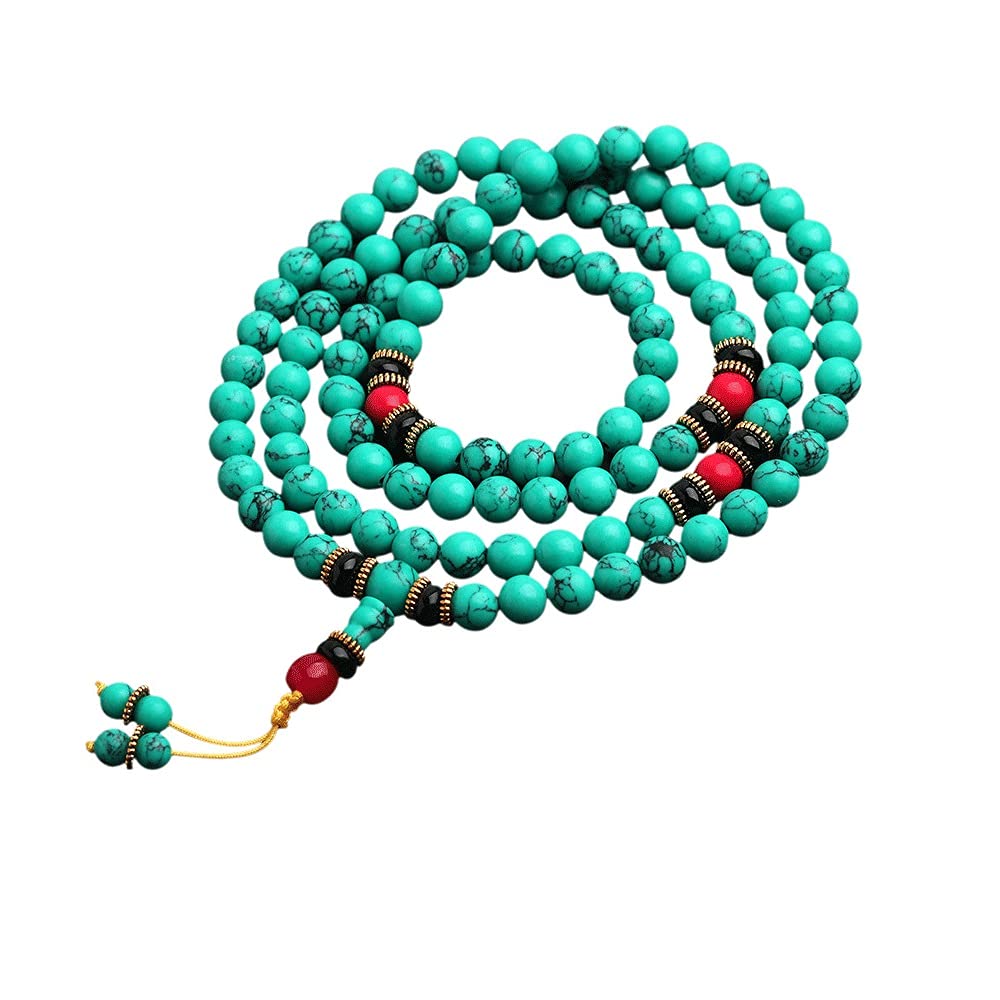 Caiyao 6/8mm 108 Tibetan Turquoise Stone Beads Stretch Bracelet Prayer Buddha Yoga Wrap Mala Bracelet Necklace-6mm
