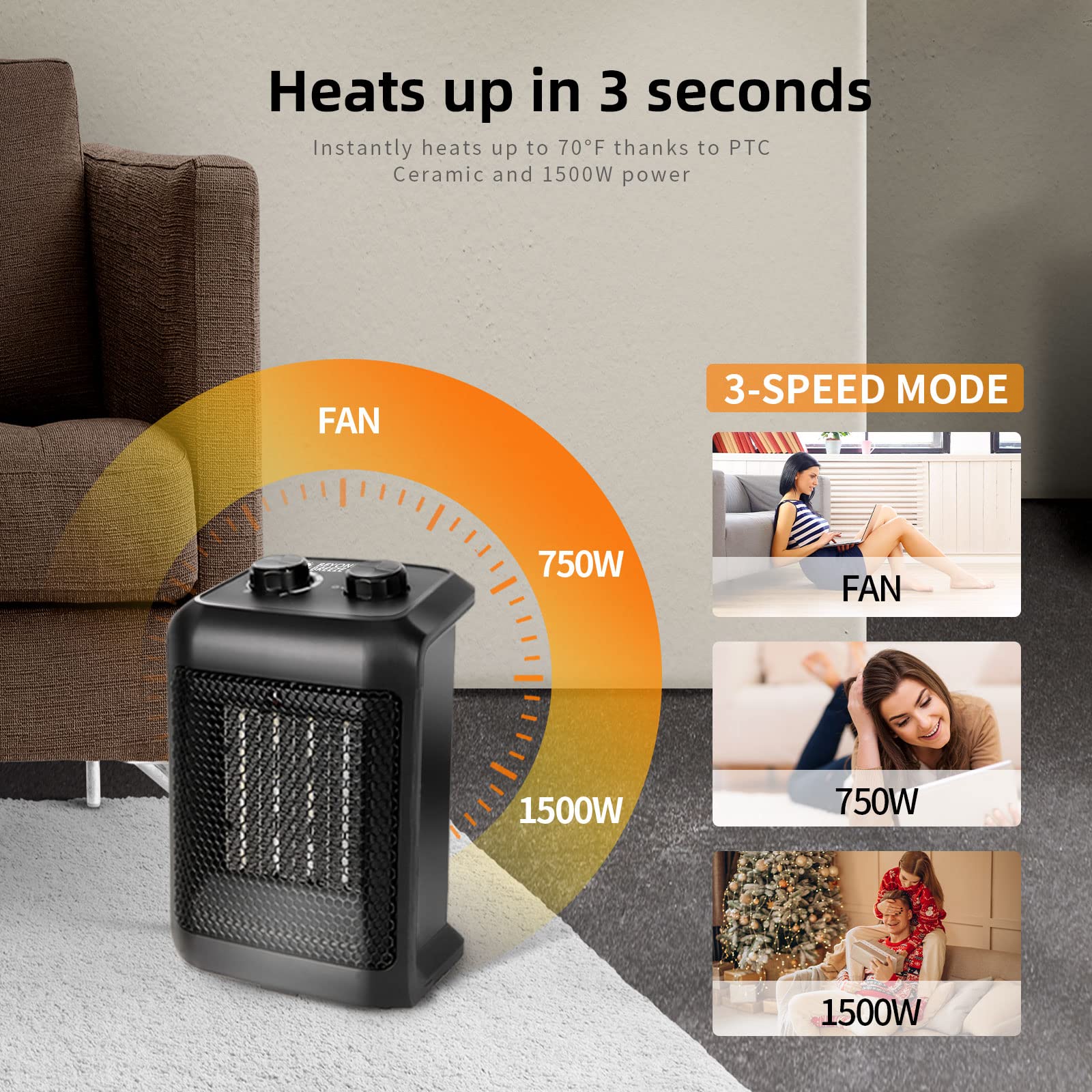 BEYOND BREEZE Space Heater, 1500-Watt Ceramic Portable Electric Heater, Small Heater with Tip-Over Switch, Overheat Protection, Adjustable Thermostat, Quiet and Safe for Indoor Use Office Bedroom