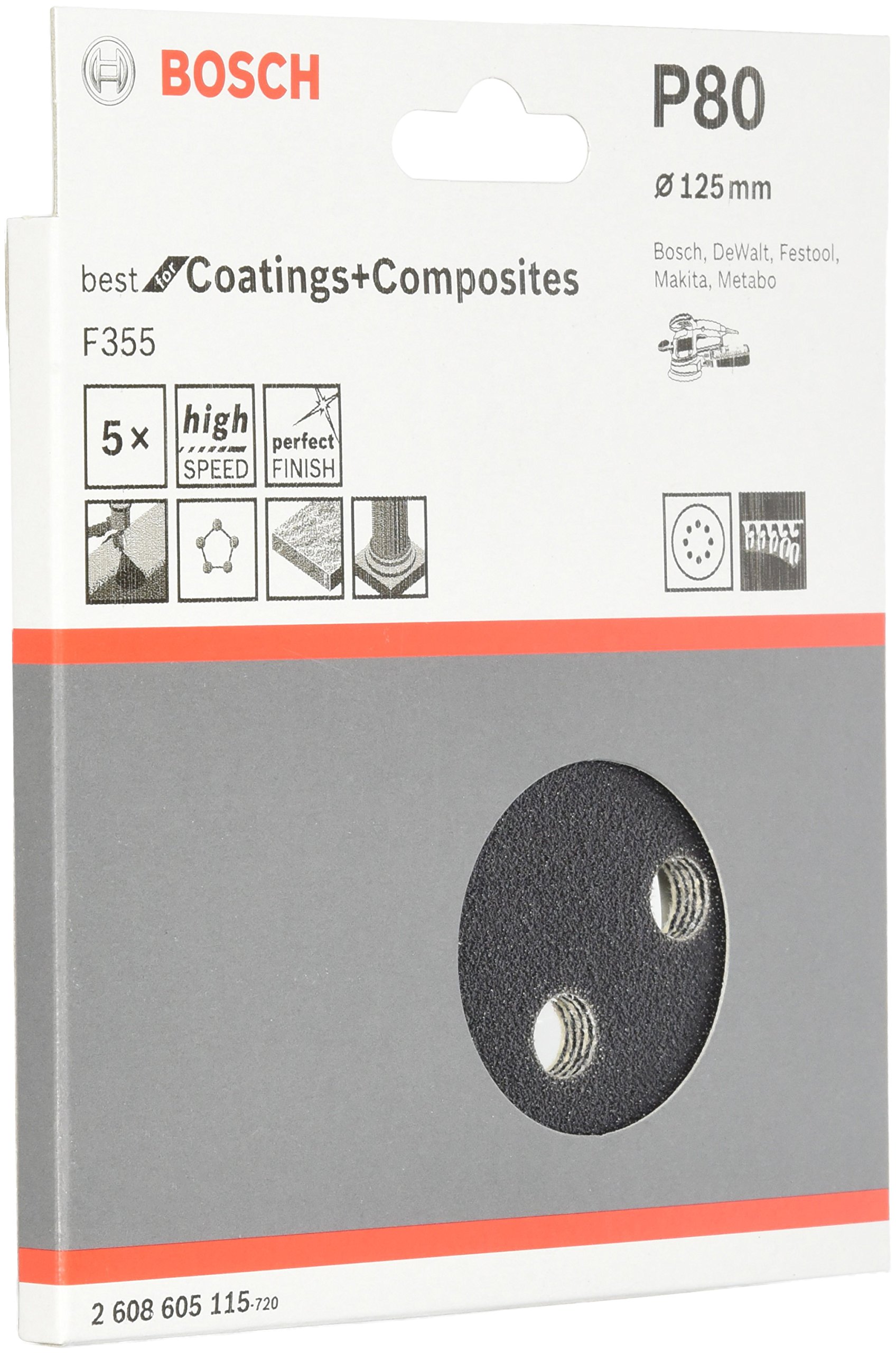 Bosch 2608605115 Sanding Sheets for Random Orbit Sanders, Best for Stone-125 mm Diameter, 8 holes-80 grit, Black, 125 mm