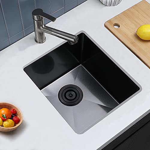 Comllen 15 x 17 inch Black Bar Sink Undermount,Black Stainless Steel Wet Bar Prep Sink Small Kitchen Sink Single Bowl RV Sink with Bottom Grid and Strainer-KYL001B