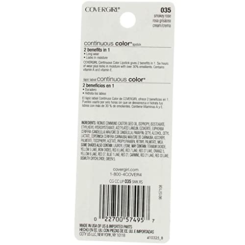 Cg Cs Lipstick 035 Smokey Size .13 O Cover Girl Continuous Color Lip Stick 035 Smokey Rose .13 Oz