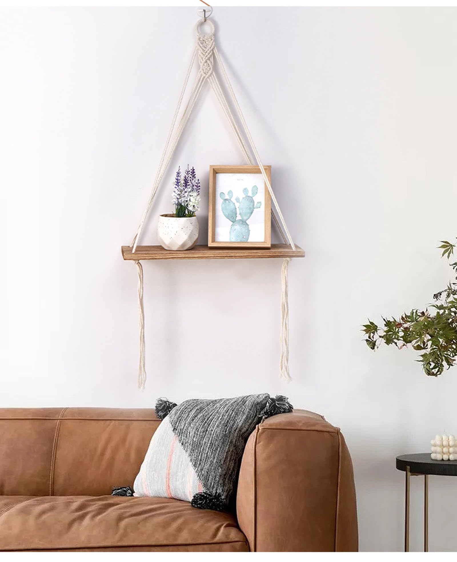 DD-life Macrame Rope Triangle Shelf Wooden Wall Hanging Shelves Macrame Hanging Shelf Farmhouse Rustic Modern Plant Aesthetic for Room Nursery Bathroom Living Room College Dorm Room