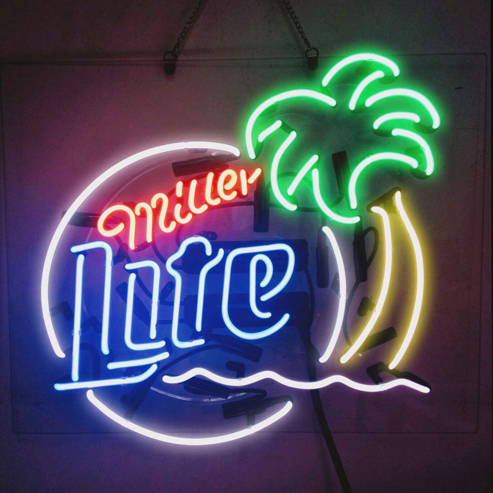 Palm Tree Beer Neon Bar Signs for Home Bar Real Glass Beer Bar Pub Party Store Shop Recreation Room Home Room Wall Window Display Neon Light Signs 24x20