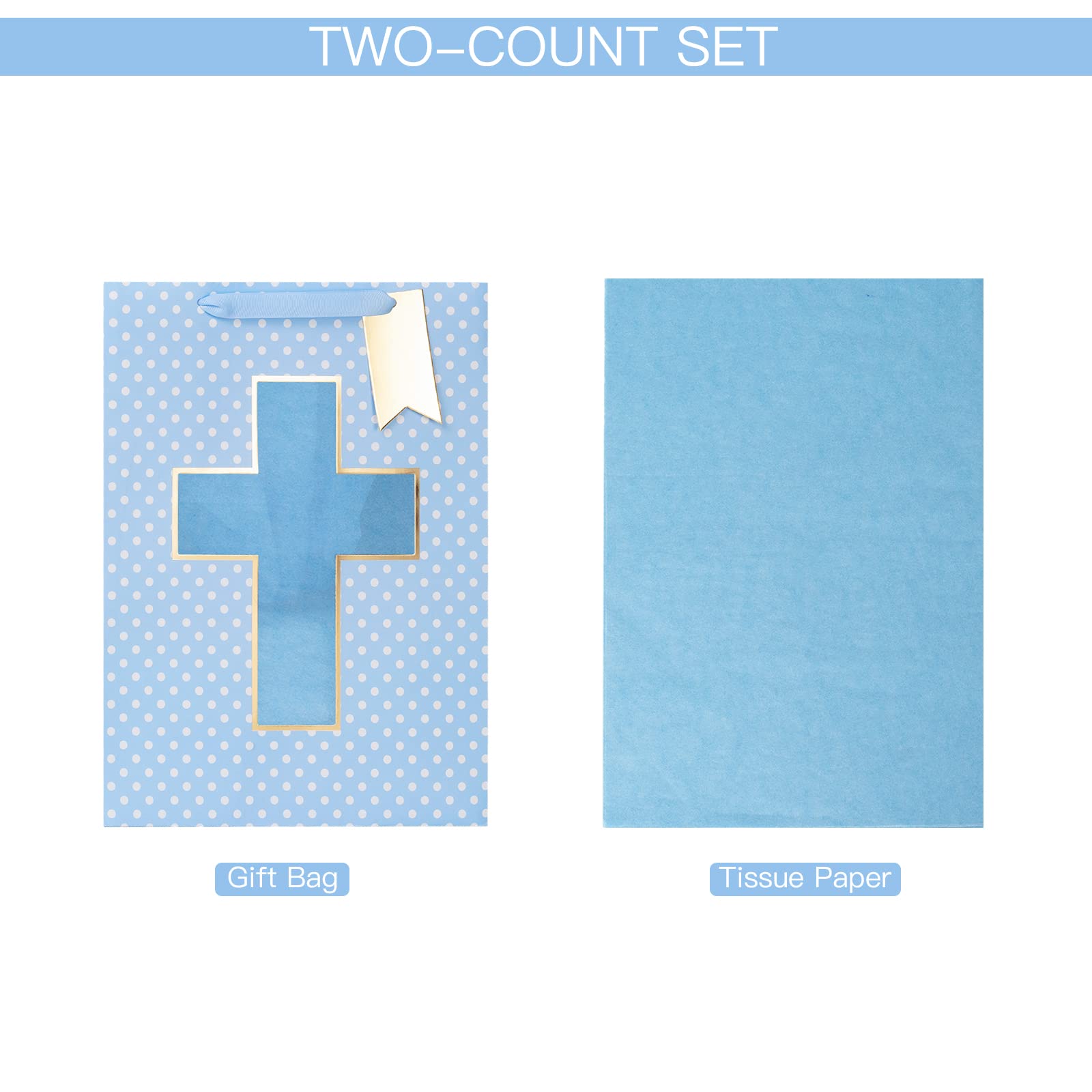 Loveinside Blue Gift Bag with Cross Design, Tissue Paper for Baby Boy Baptisms, Christenings, First Communions Religious Occasion- 10" x 5" x 13", 1 Pcs