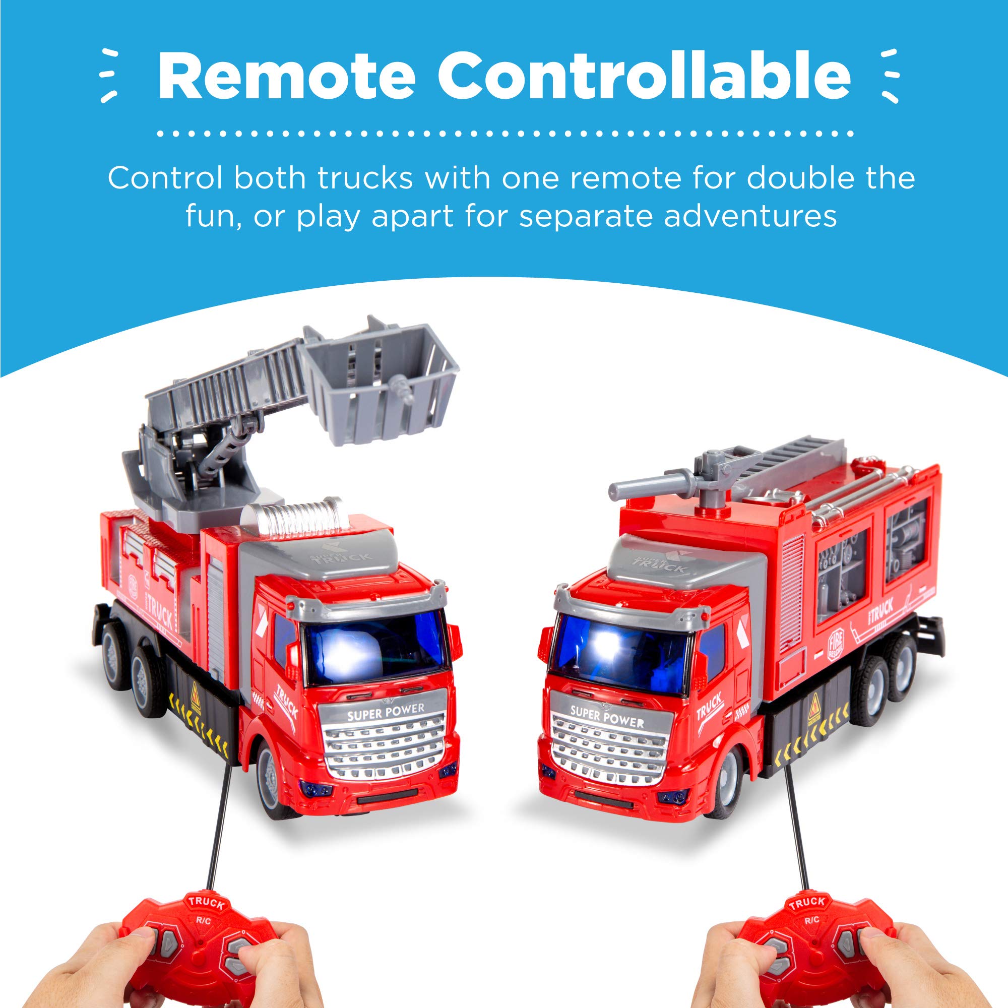 Best Choice Products 2-Pack Remote Control Fire Truck Toy RC Cars with LED Lights, 2 Controllers for Kids & Boys