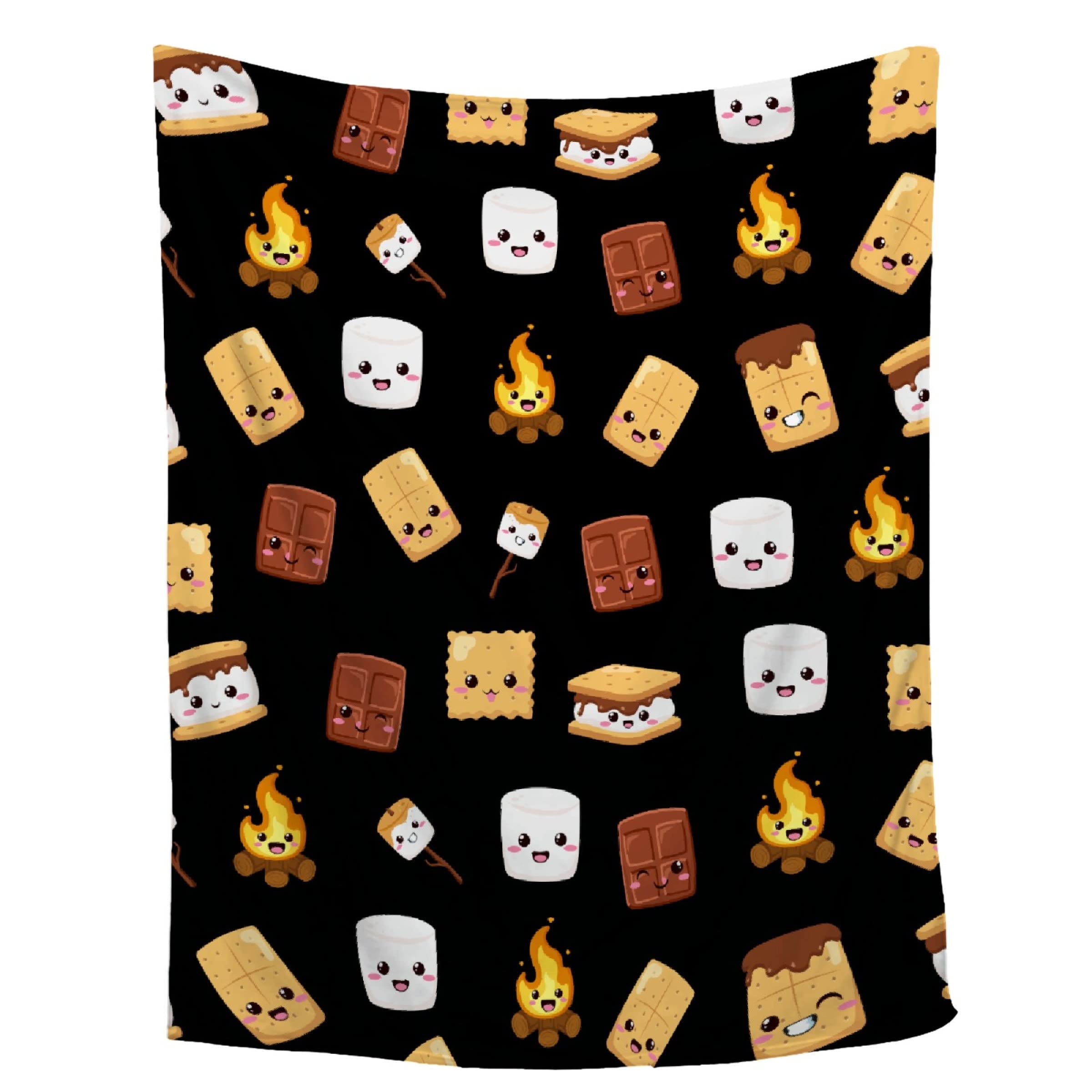 Sofcozlush Cute S'Mores Blanket Marshmallow Cookie Blanket Black Soft Plush Fuzzy Flannel Fleece Throw Blanket for Couch Food Blanket 50"x40" for Kids