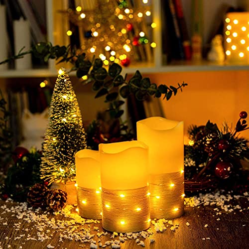 BeMoment Flickering Flameless Candles with Timer - Battery Operated, White LED String Lights, Gold Accent, Ideal for Home Decor, Fireplace, and Events, 3pcs (D 3" x H 4" 5" 6")