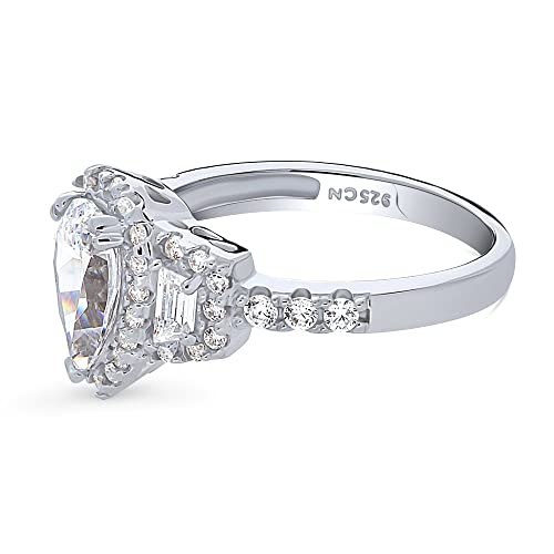 BERRICLE Sterling Silver 3-Stone Wedding Engagement Rings Pear Cut Cubic Zirconia CZ Halo Ring for Women, Rhodium Plated Size 7