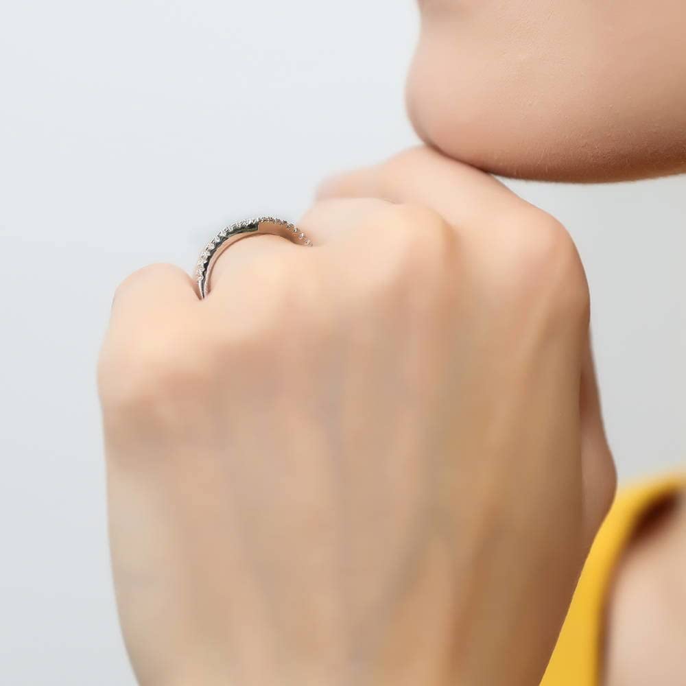 BERRICLE Sterling Silver Wishbone Wedding Rings Cubic Zirconia CZ Curved Half Eternity Ring for Women, Rhodium Plated Size 9.5