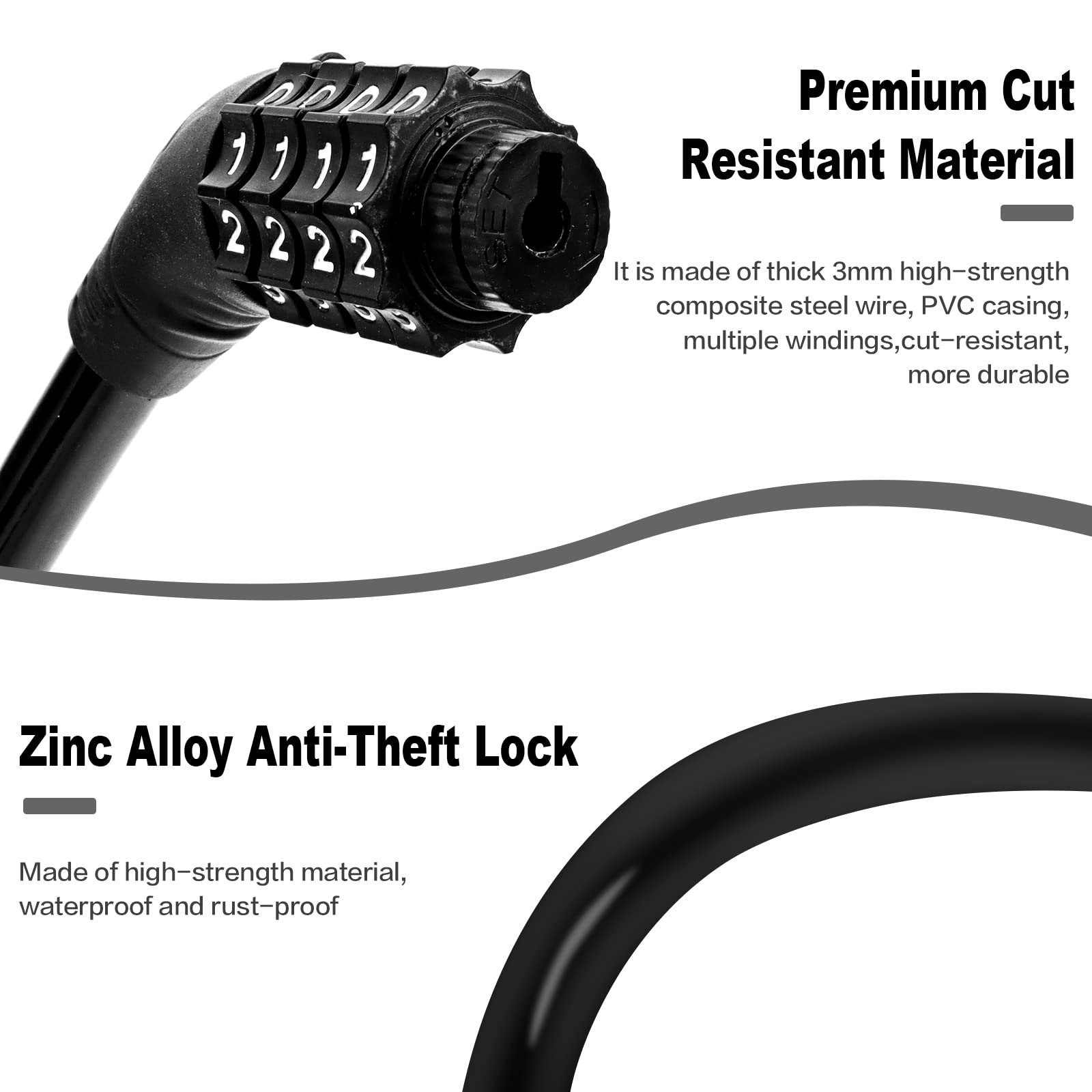 Bike Lock Cable, Bike Accessories, Bike Locks Heavy Duty Anti Theft, Combination Cable Lock for Outdoor Equipment, Black (2Ps, 1Ft, Reset Combo)