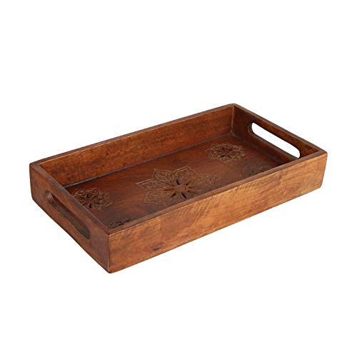 Mela Artisans Farmhouse & TV Ottoman Wooden Serving Tray - Small, Serena Medium Polish | Decorative Mango Wood | Serve Breakfast, Other Foods, Coffee and Tea | Rustic Home Decor | 14" x 10” x 2.5”