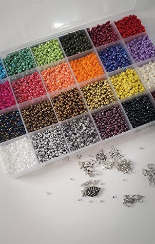 Bead Bracelet Kit - DIY Jewelry Making with Multi-Colored Glass Beads (24 Colors, 200 Pieces Each) and String in Classic Container