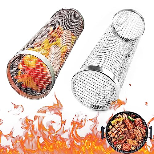 Rolling Grilling Baskets for Outdoor Grilling - Perfect BBQ Net for Veggies,Fries,Fish,Meats - 2PCS Cylindrical Stainless Steel Grilling Mesh for Outdoor BBQ Cooking/Camping/Picnic(8.2 Inch-High)