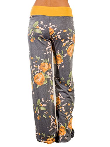 iChunhua Women's Comfy Stretch Floral Print Drawstring Palazzo Wide Leg Lounge Pants(S,Yellow)