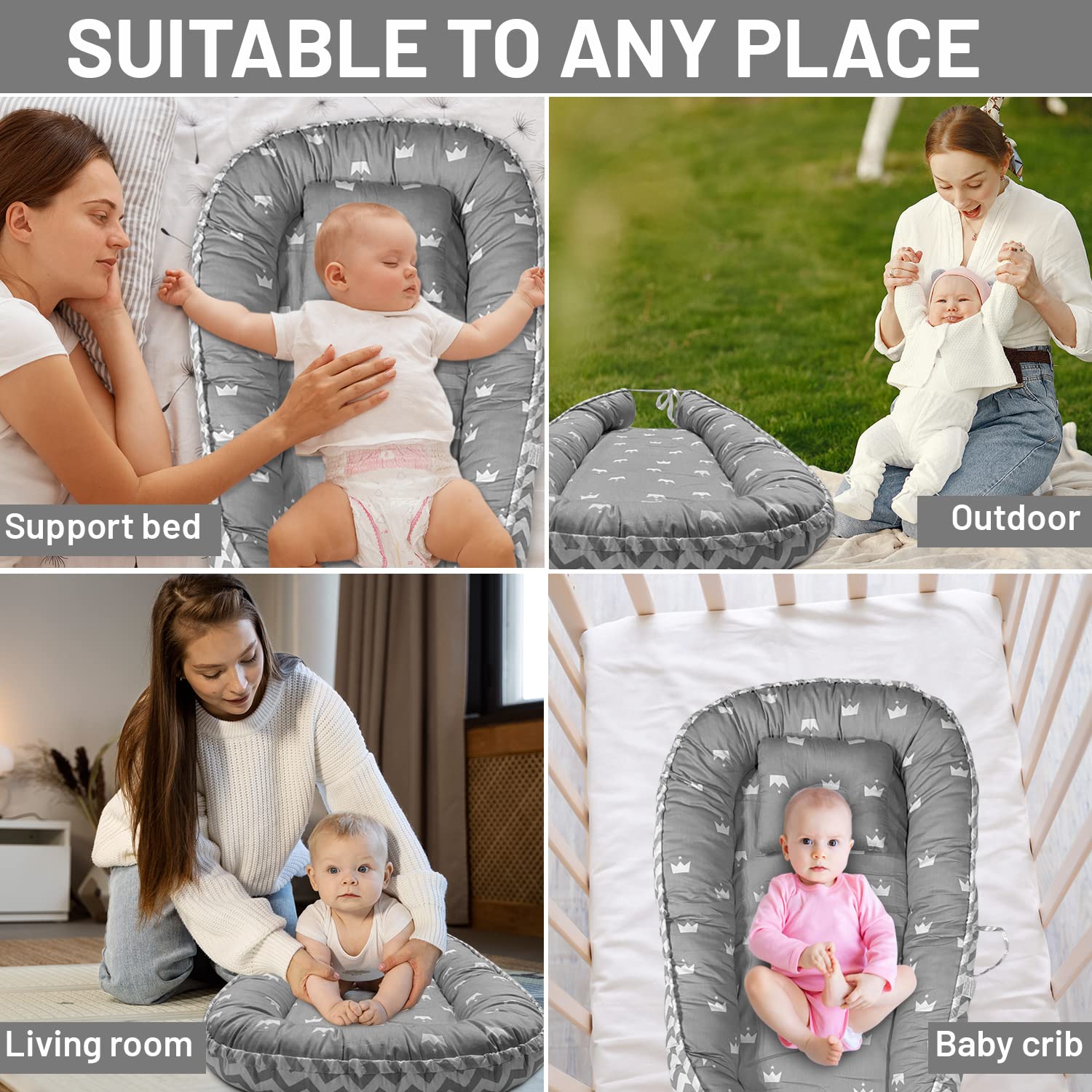 Baby Nest Co-Sleeping Lounger, Portable and Comfortable Nest for Baby, Nest for Baby, Co-Sleeping Bed (0-12M) (Grey Wave Crown)