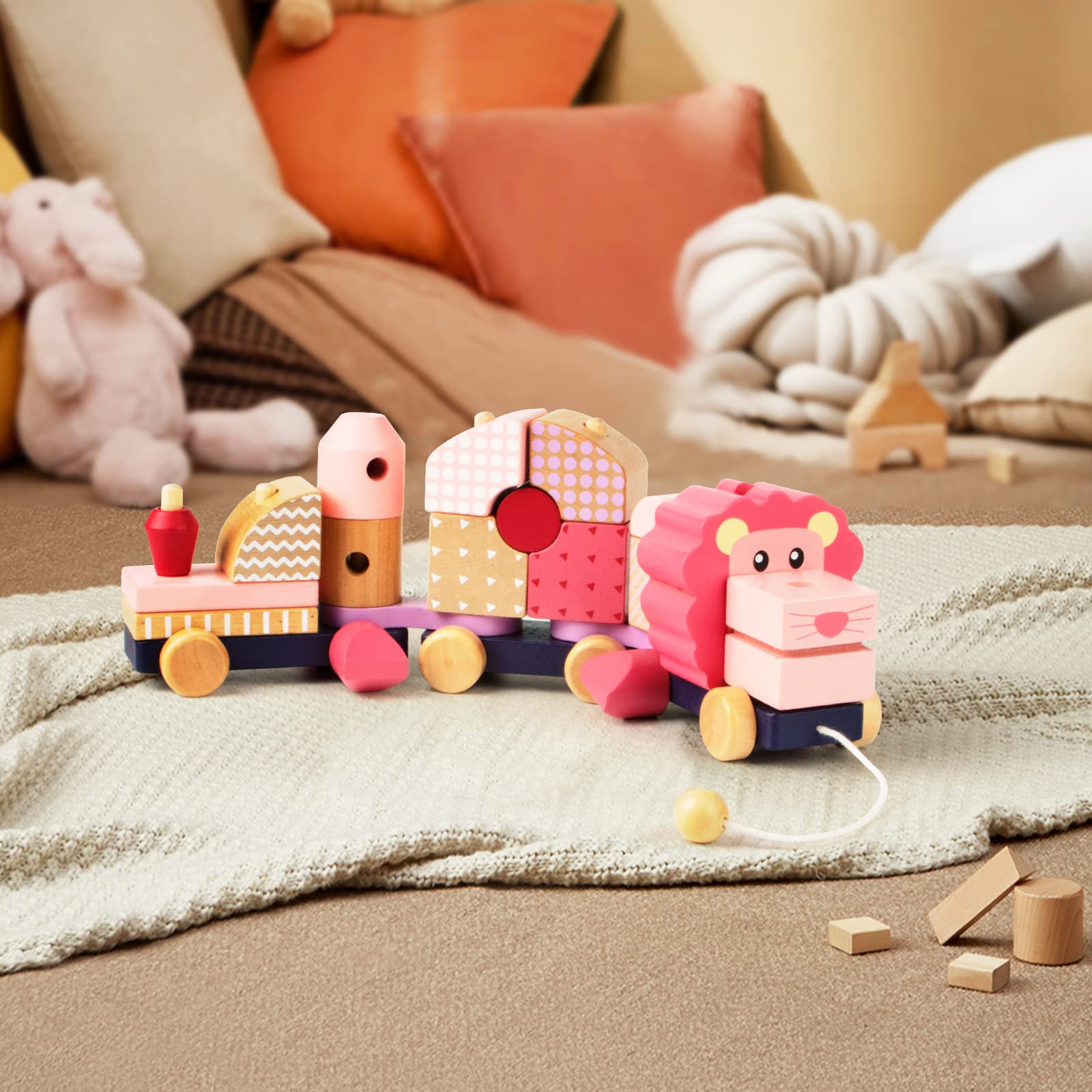 Toddler Montessori Toy, Wooden Block Train Set Stackable Building Blocks Toy Shape Sorter Toy Pink Lion Pull Toy for Baby Girl Ages 2 4 3 Years Birthday Gift Early Learning Educational Toy