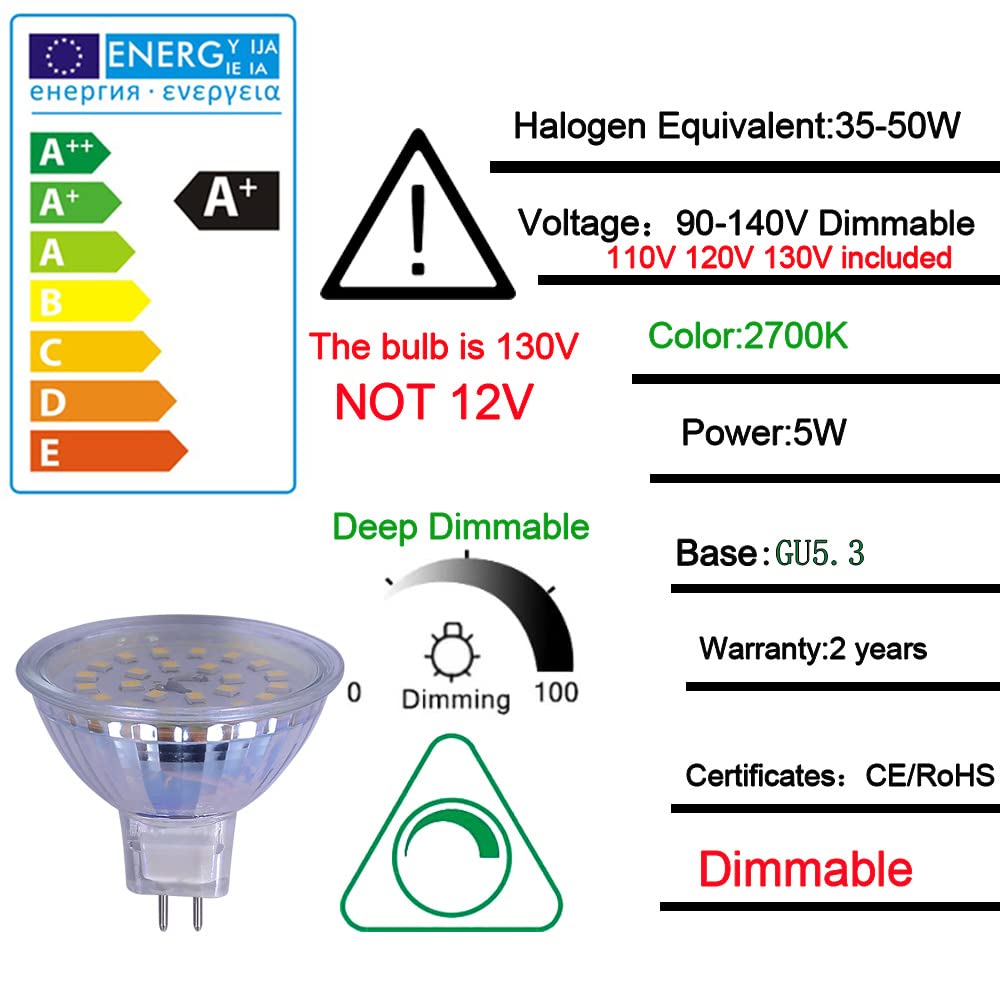 ukzboss mr16 led Bulb dimmable 120v 110V 5w 2700K Warm White Soft White Spot Light Equivalent to 50w Halogen Bulb for Tracking Light MR16 Fixture