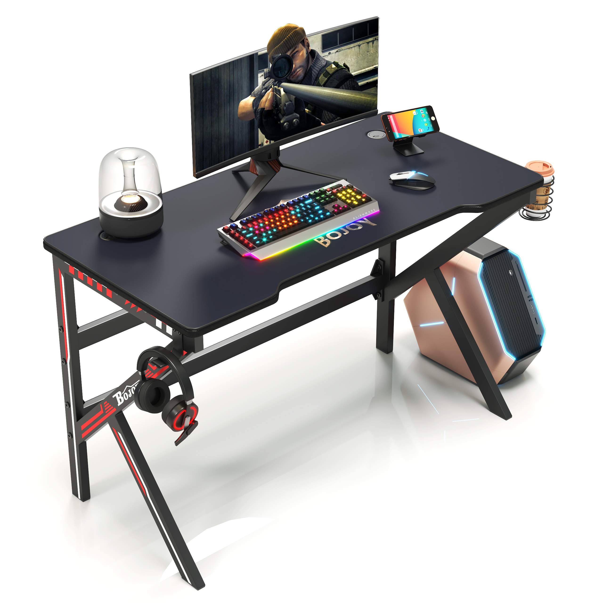 BOJOY Gaming Desk 47 inch PC Computer Desk, Home Office Desk Gaming Table K Shaped Gamer Workstation with Full Mouse Pad and Cell Phone Stands, Black