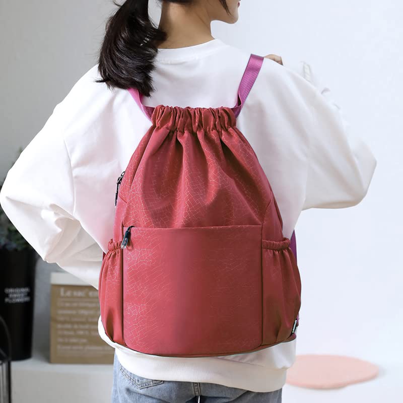 CALACH Drawstring Backpack Sports Yoga Sackpack for Women Men Waterproof Nylon Gym Sack DayPack with Multi Pockets (red)