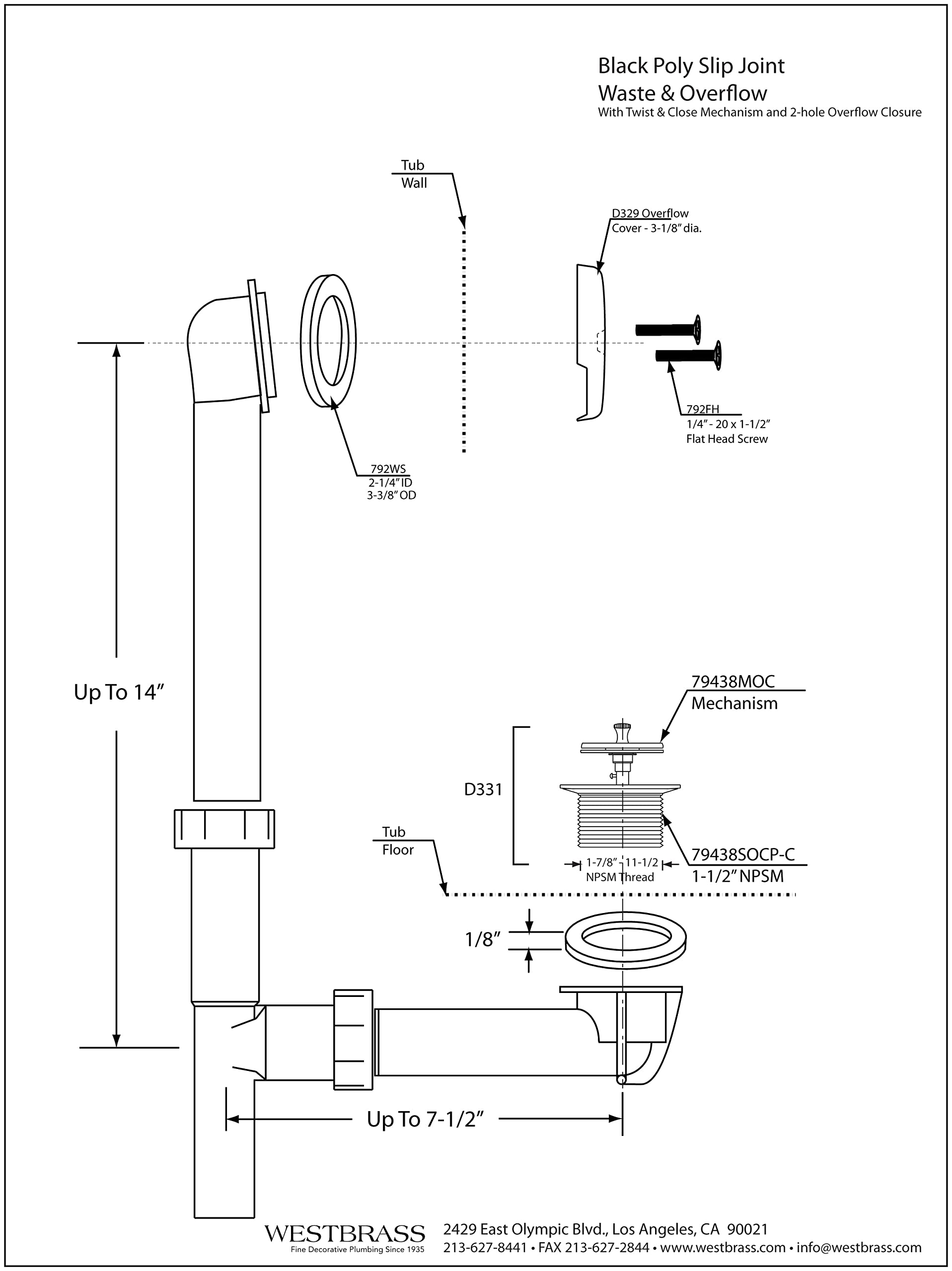 Westbrass A594144-62 14" Tubular Bath Waste & Overflow Assembly with Twist & Close Drain Plug and Two-Hole Faceplate, Matte Black