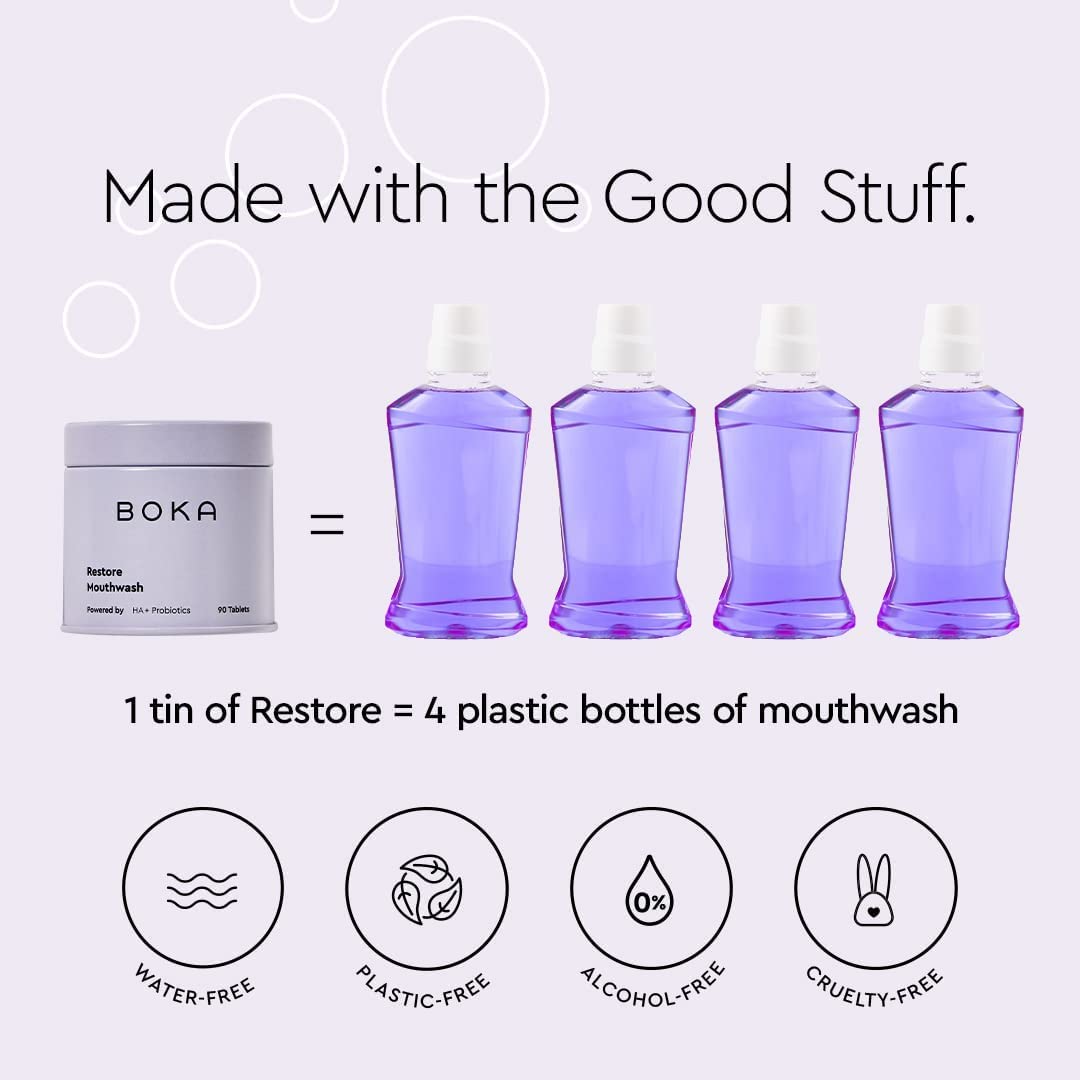 Boka Travel Size Mouthwash Tablets - Hydroxyapatite, Fluoride/Alcohol Free & Eco-Friendly - Chewable Tablet to Freshen & Kill Bad Breath Quickly, Remineralize Teeth Cleansing - 90 Pack