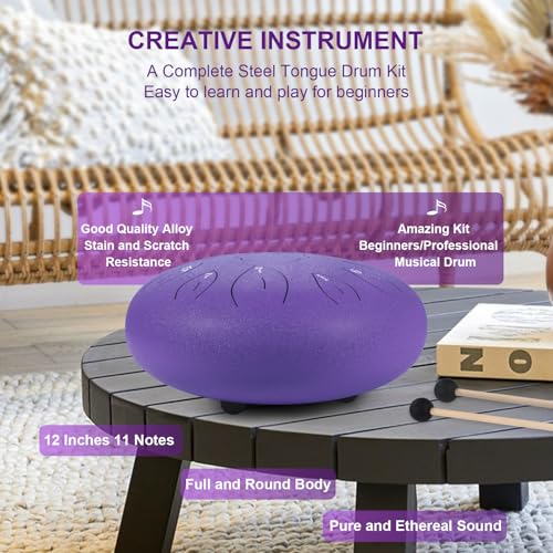 Ranch Steel Tongue Drum 12 Inches 11 Notes Handpan Drum C Key Percussion Instrument Hand Drum for Beginners Easy to Learn Tank Drum with Bag, Mallets, Music Book, Note Stickers, Finger Picks
