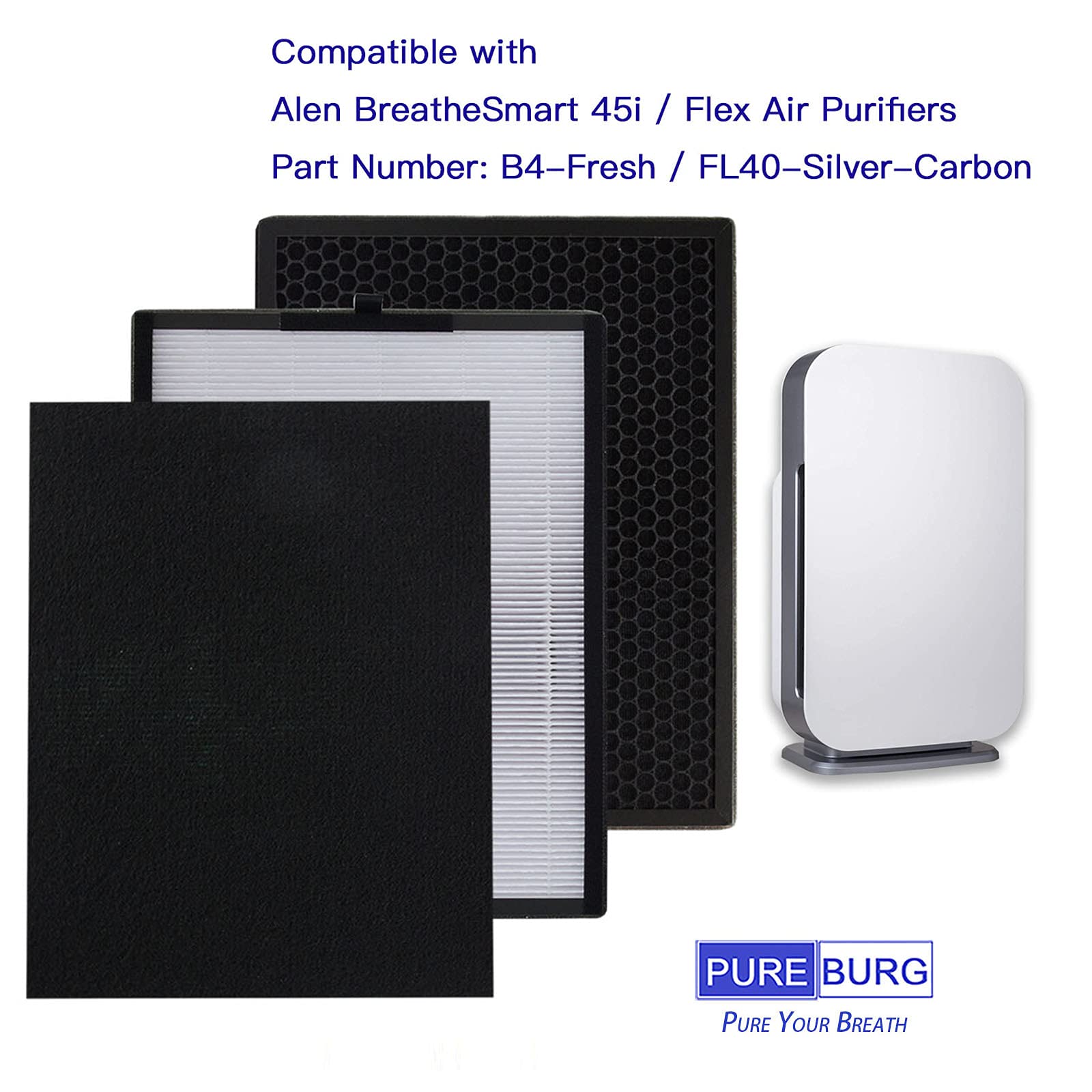 PUREBURG Replacement Filter Compatible with Alen 45i & Flex BreatheSmart Air Purifier B4-Fresh, FL40-Silver-Carbon, 2 x H13 HEPA + 8 x Activated Carbon Filters