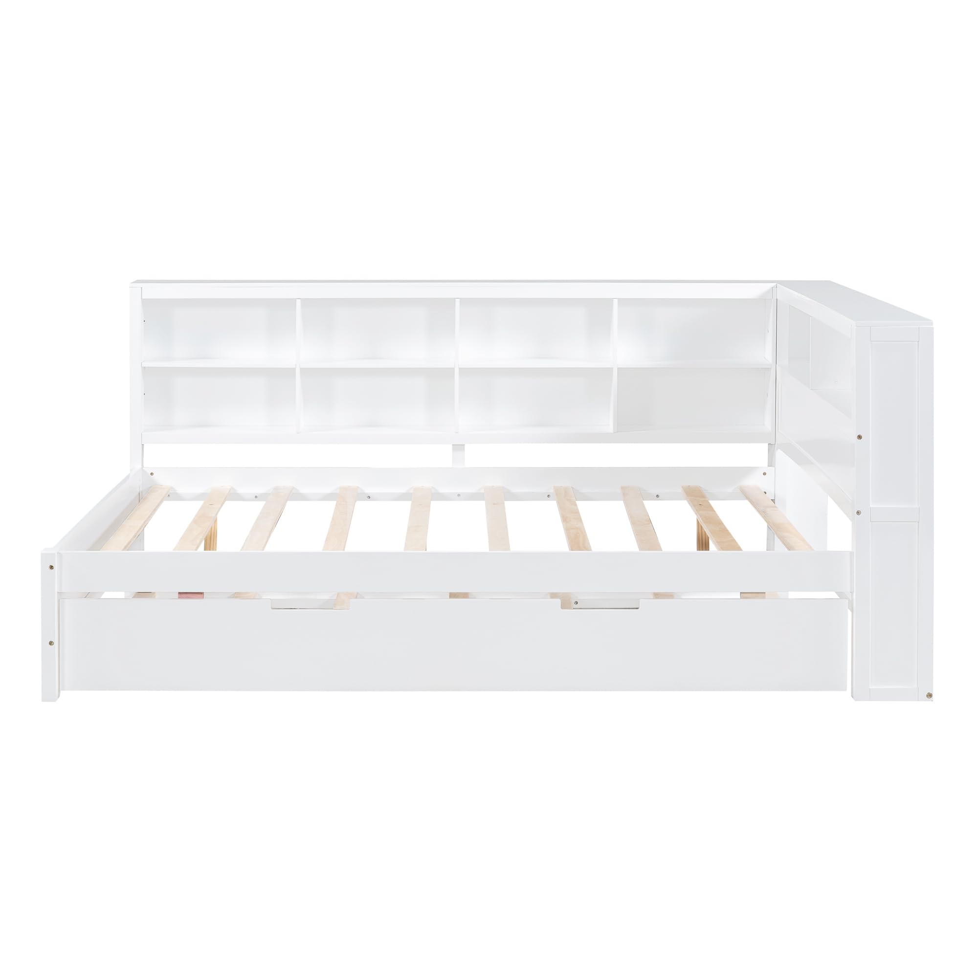 DEINPPA Full Size Platform Bed with L-Shaped Bookcase and Trundle, Wooden Captain Bed Frame with Bookcase Headboard for Kids Teens Boys Girls, No Box Spring Needed-White